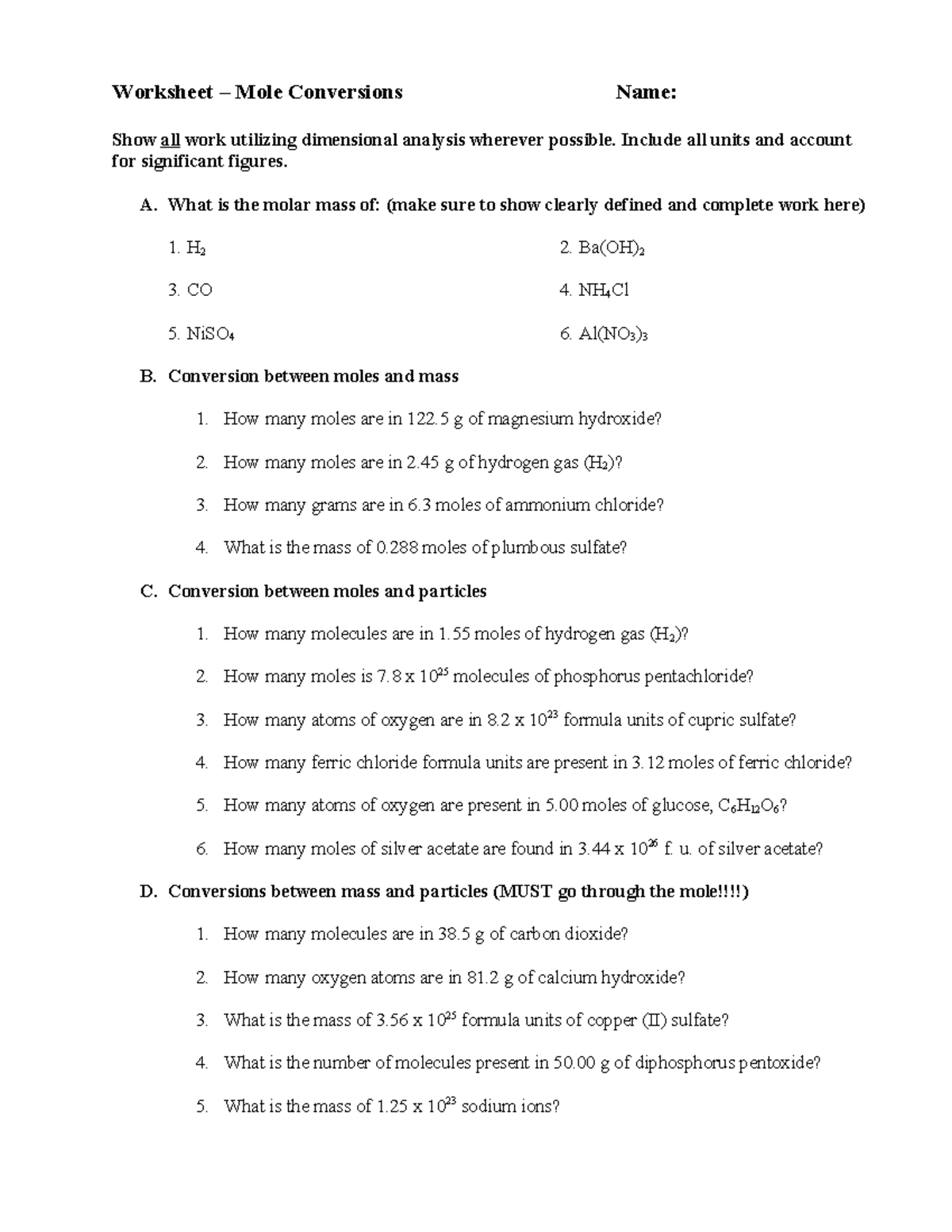 Honors Chemistry Wksht Molar Mass, Mole Conversions III with Answers ...