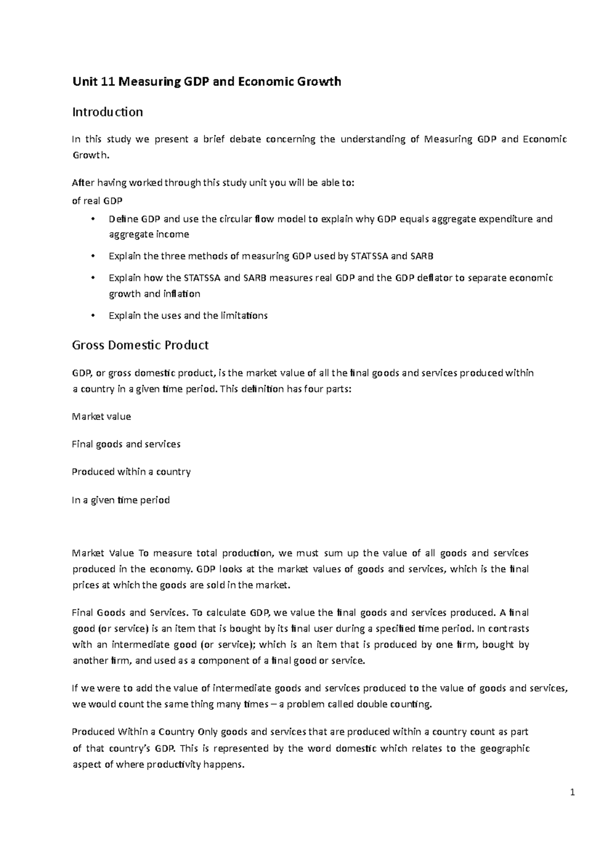 Unit 11: Understanding GDP and Economic Growth Measurement - Studocu