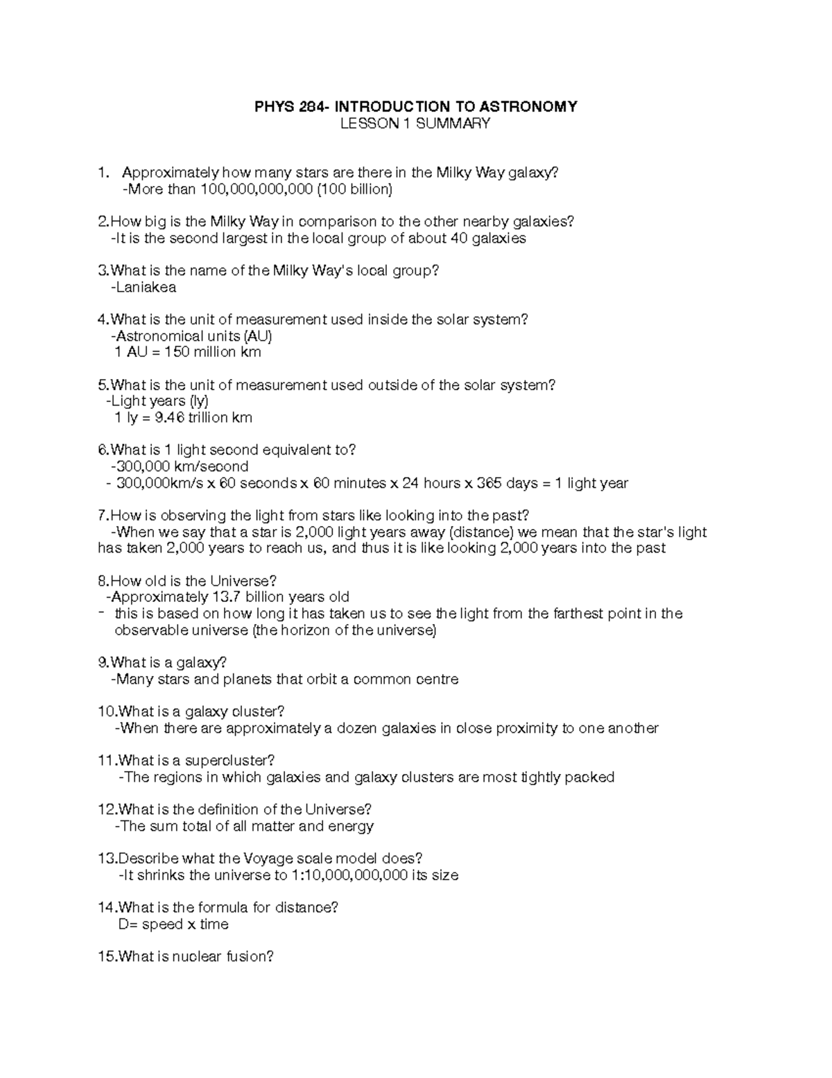 Astronomy Unit 1 Summary - PHYS 284- INTRODUCTION TO ASTRONOMY LESSON 1 ...