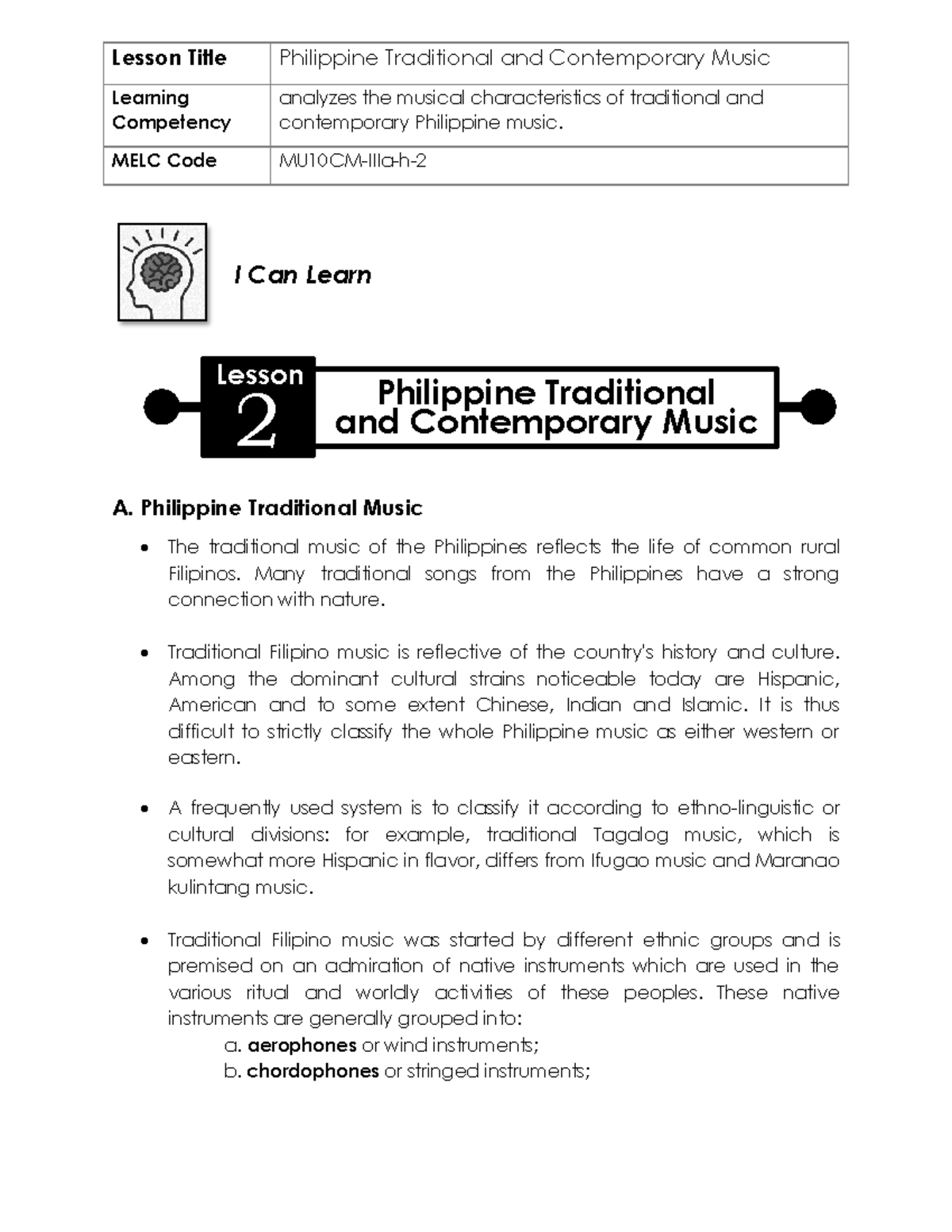 Philippine Traditional and Contemporary Music (MU10CM-IIIa-h-2) Lesson ...