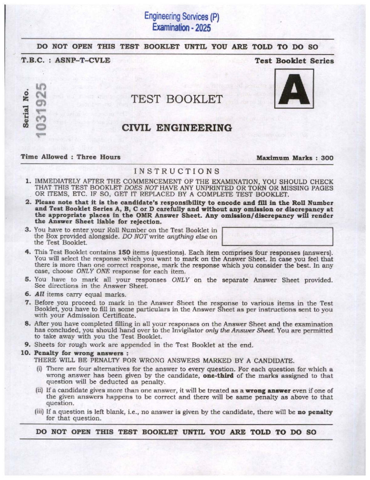 Engineering Services (P) Civil Engineering Exam 2025 Test Booklet A ...