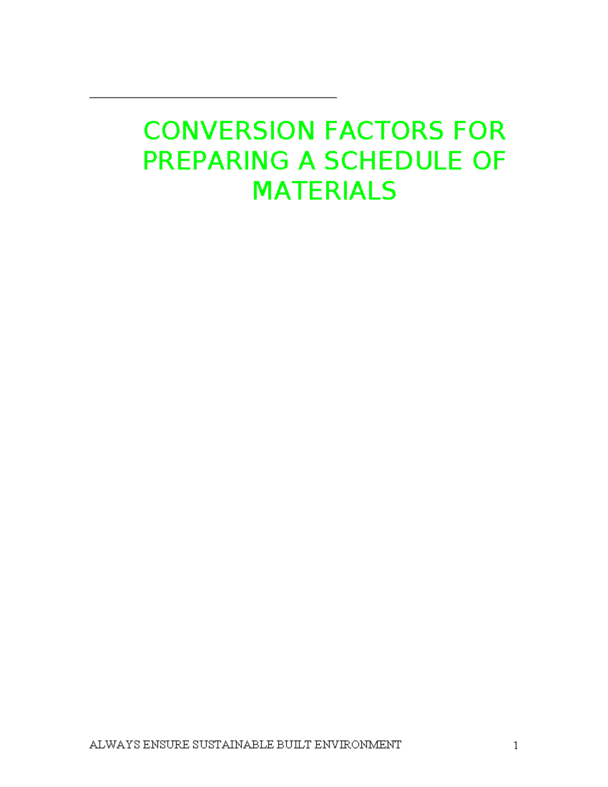 Conversion Factors FOR Preparing A Schedule OF Materials - CONVERSION ...