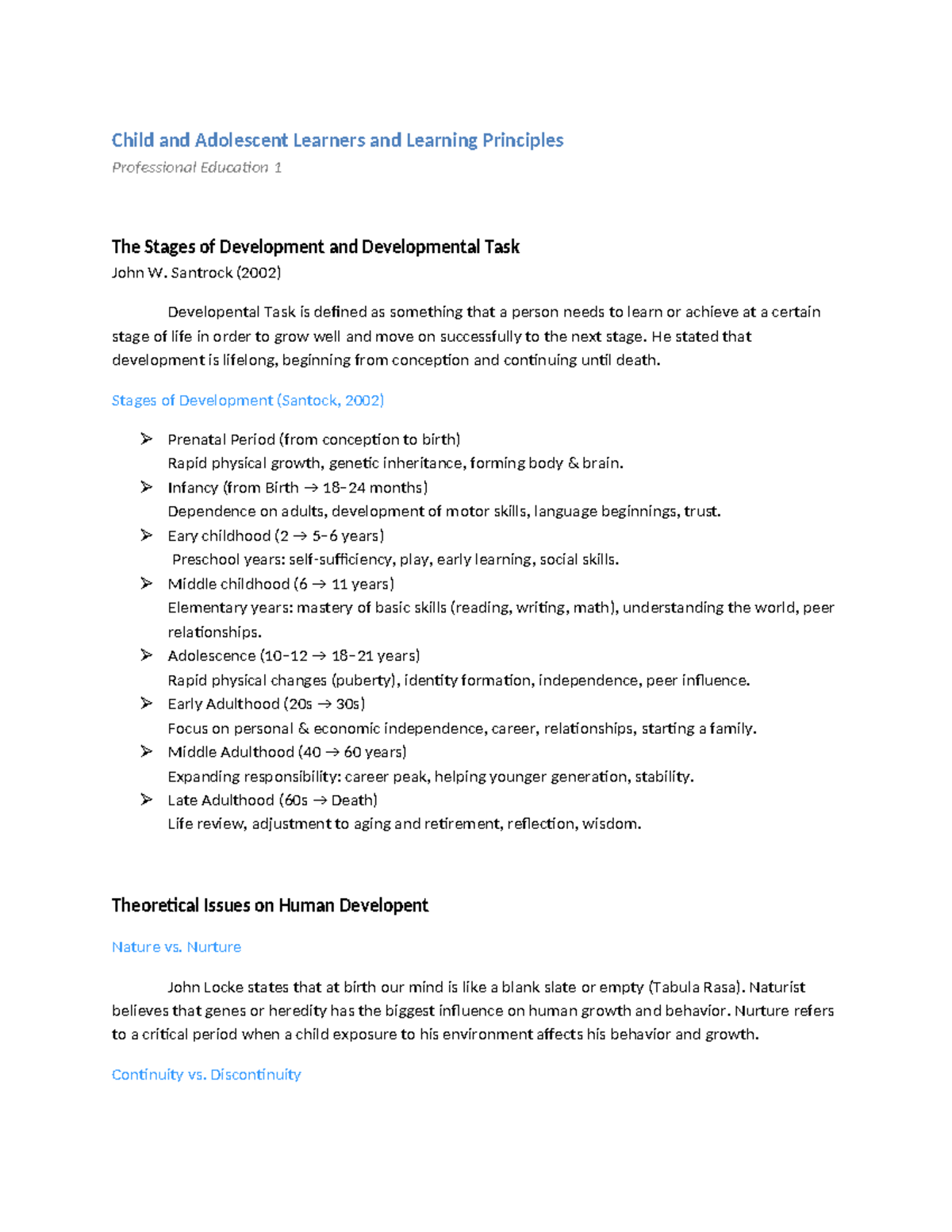 Prof Ed 1: Stages of Development & Learning Principles Overview - Studocu