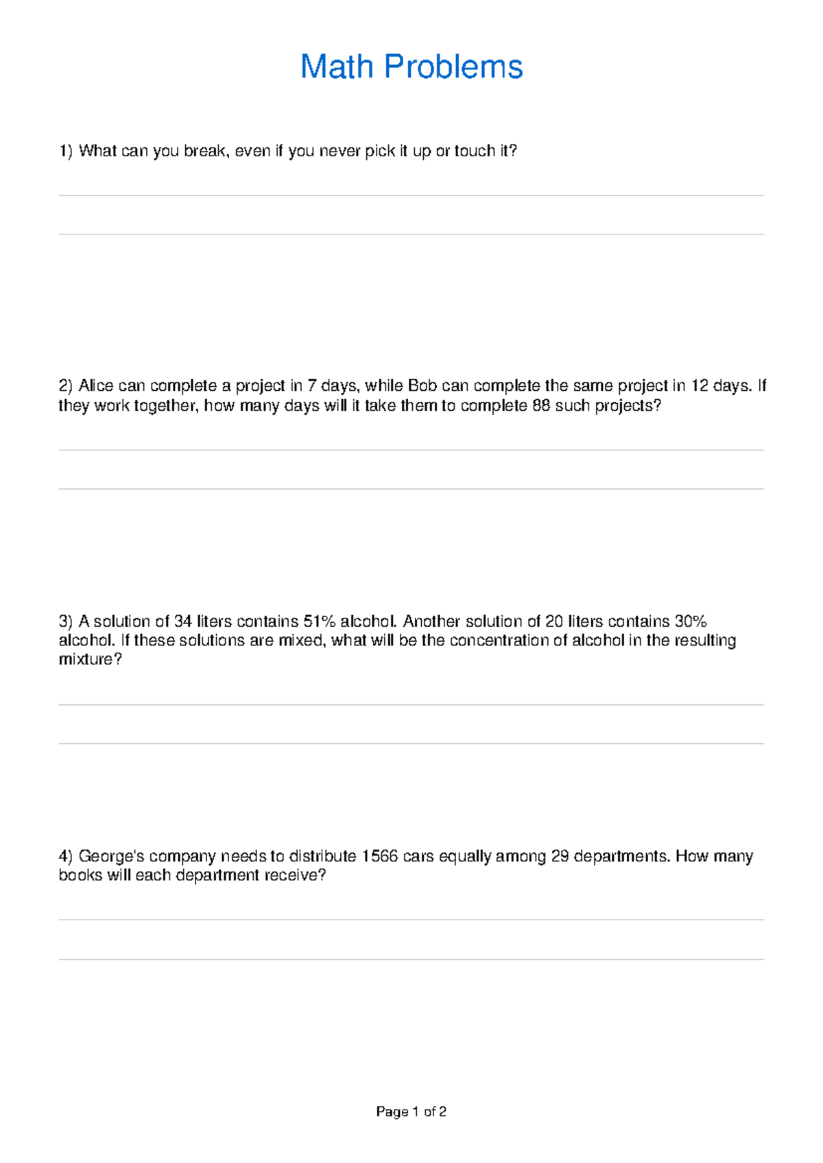 MATH WORD Problems (38): Solving Various Scenarios and Puzzles - Studocu