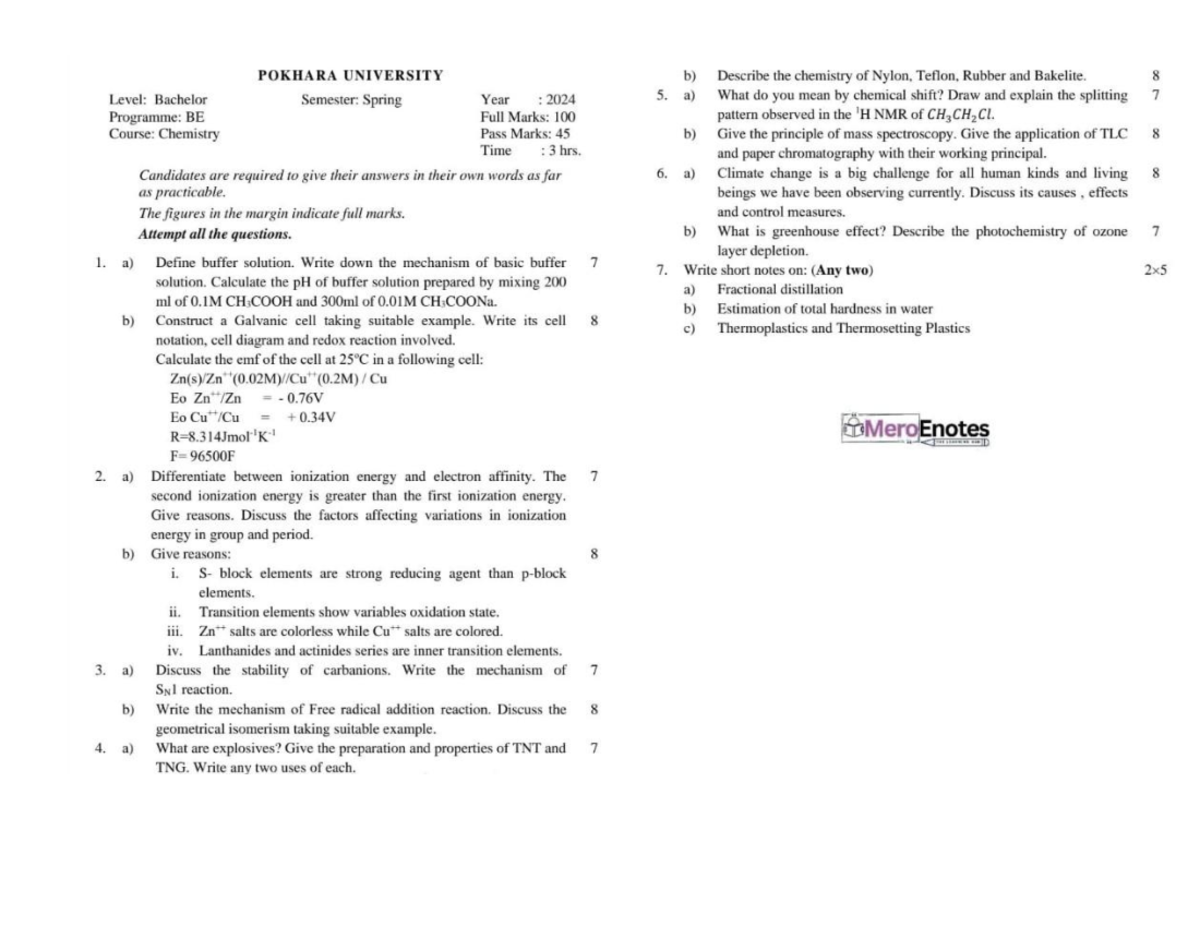 Chemistry BE Past Questions - Spring 2023 & 2024 - Studocu