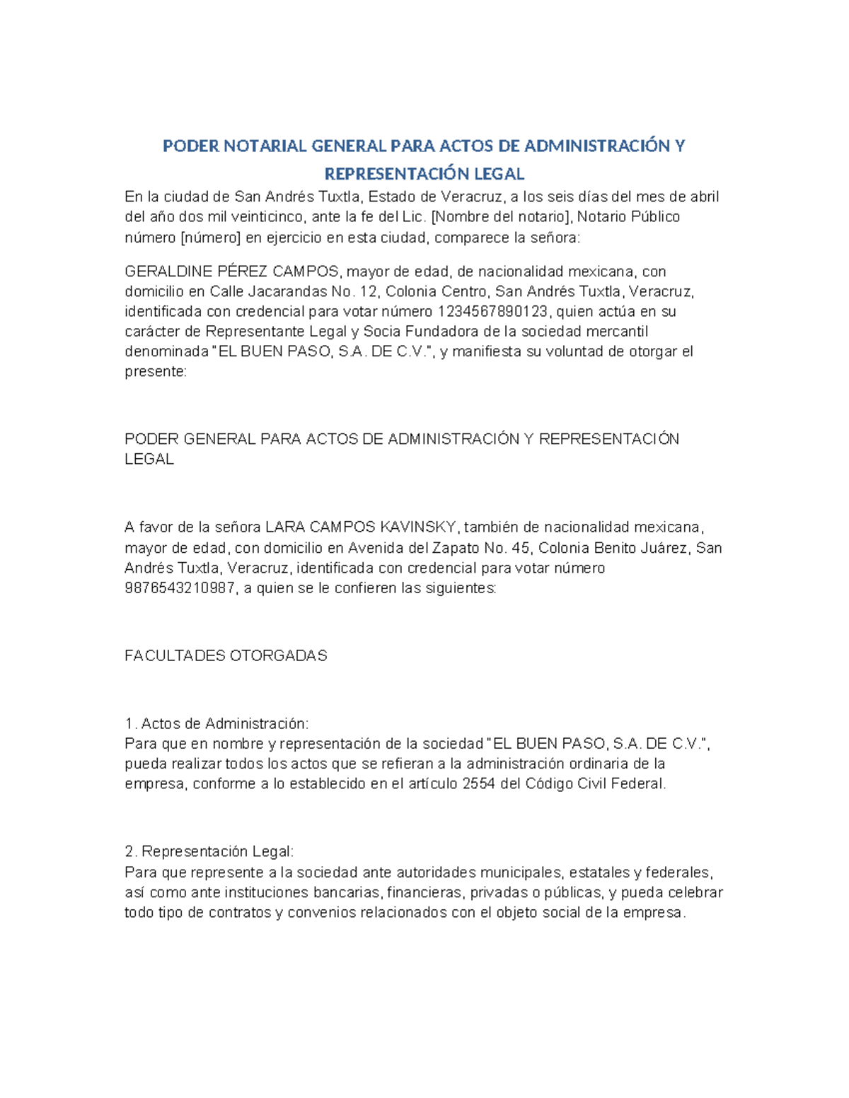 Poder Notarial Administracion El Buen Paso - PODER NOTARIAL GENERAL ...