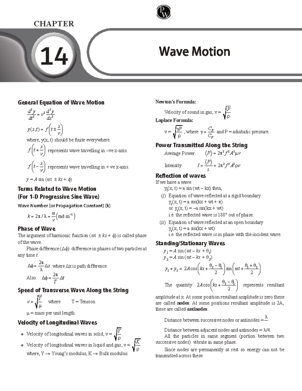 CHAPTER 14 Wave Motion: Key Formulas and Concepts - Studocu
