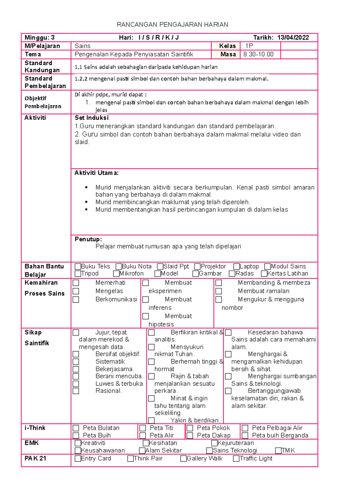RPH Sains Tingkatan 1: Rancangan Pengajaran Harian Minggu ke-3 - Studocu