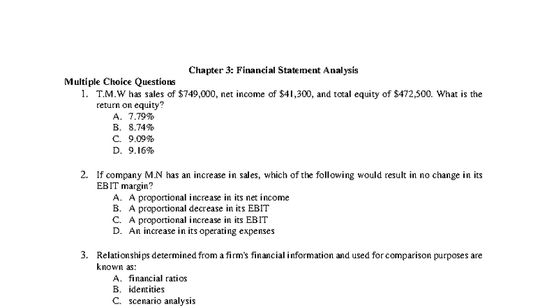 Chapter 3: Financial Statement Analysis MCQs and Problem Solving - Studocu