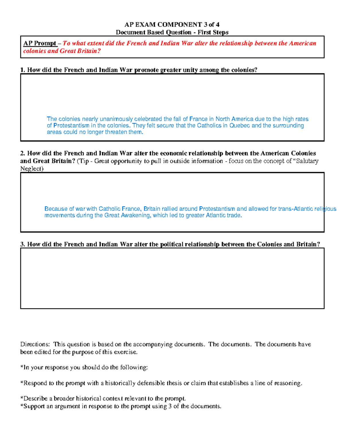 AP Exam DBQ: Analyzing the Impact of the French and Indian War on - Studocu