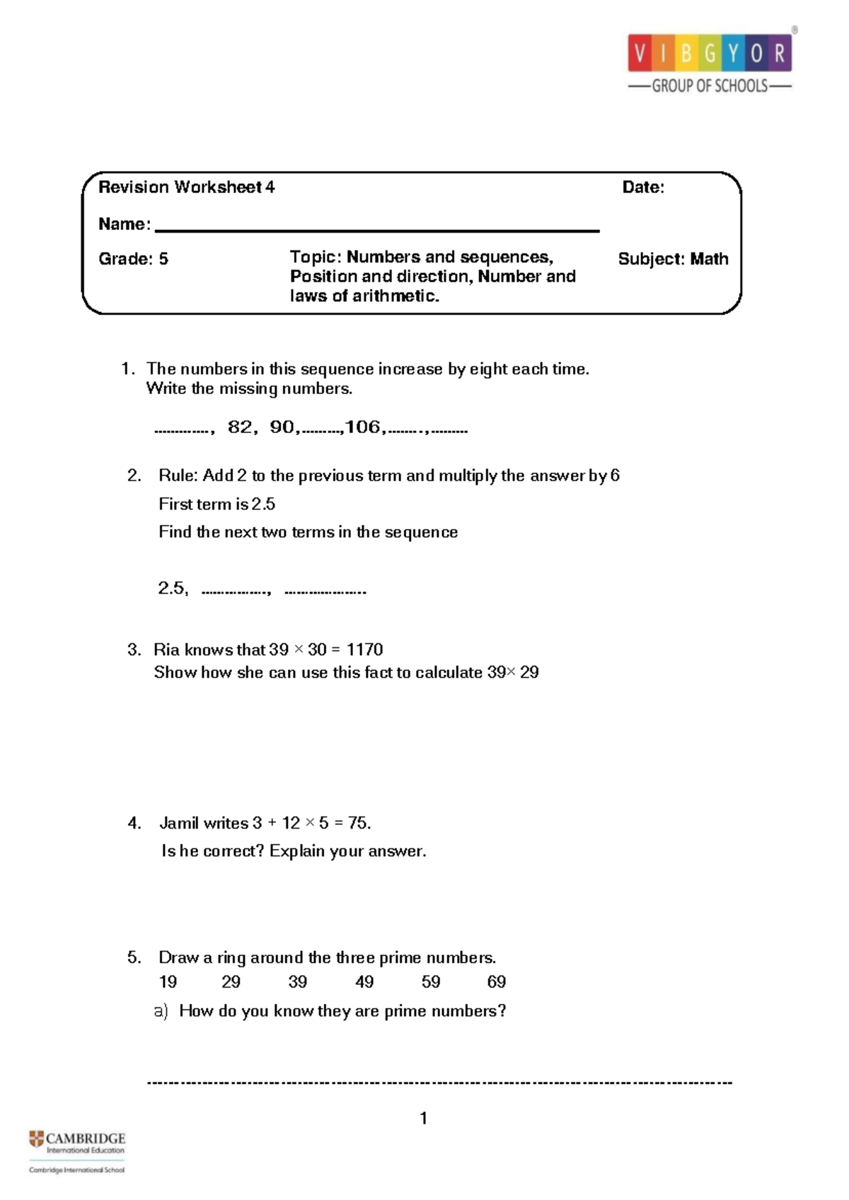 Math 1 Revision Worksheet 4: Numbers, Sequences & Arithmetic - Studocu