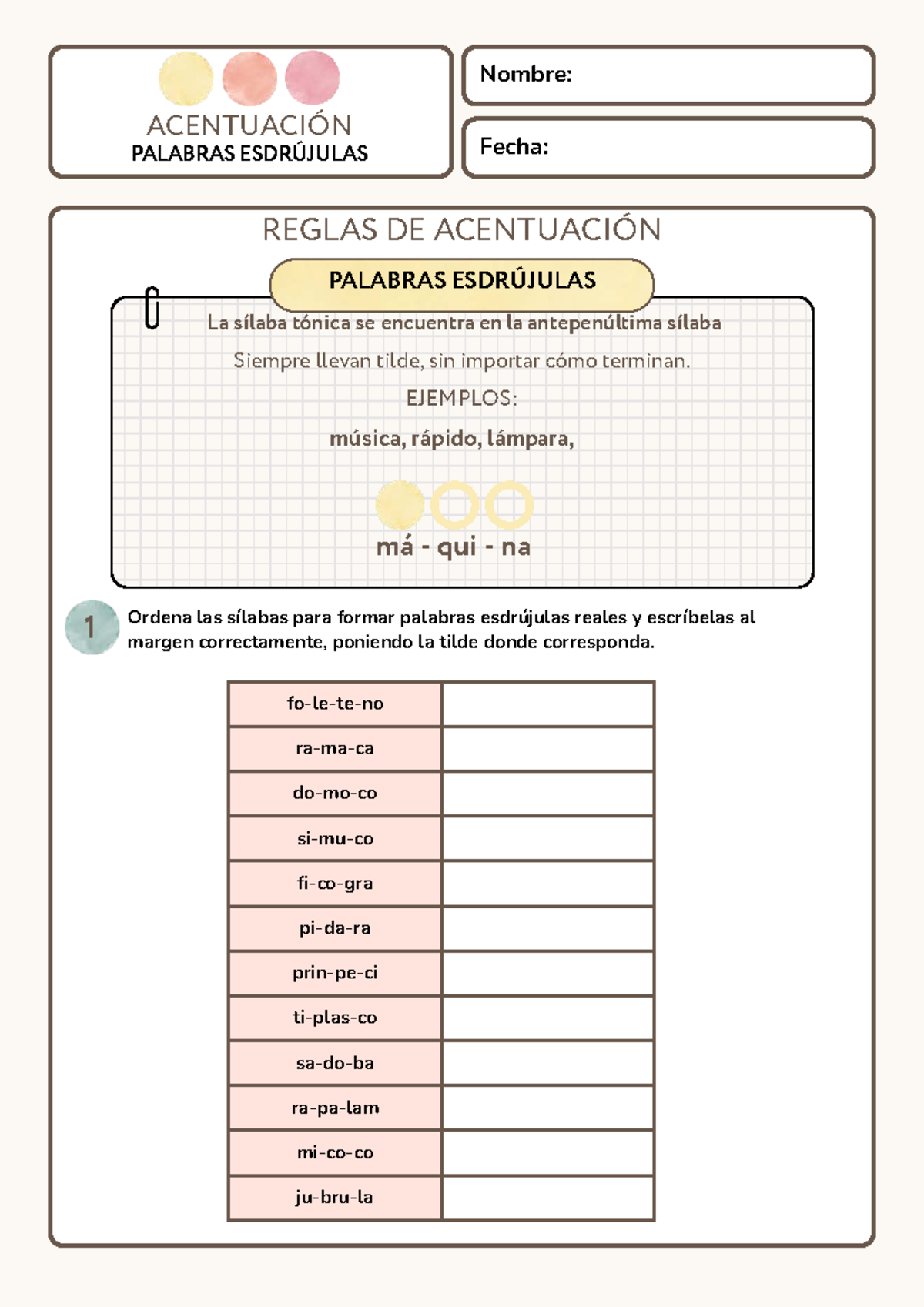 Ficha de Lengua: Acentuación de Palabras Esdrújulas - Studocu