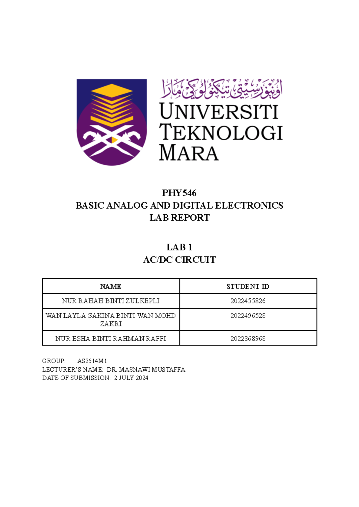 LAB 1 PHY546 - AC/DC Circuit Analysis Lab Report - Studocu