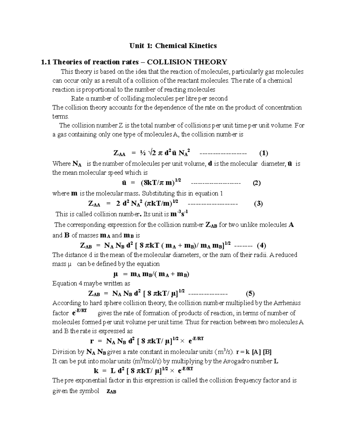 Collision Theory in Chemical Kinetics - Unit 1 Overview - Studocu