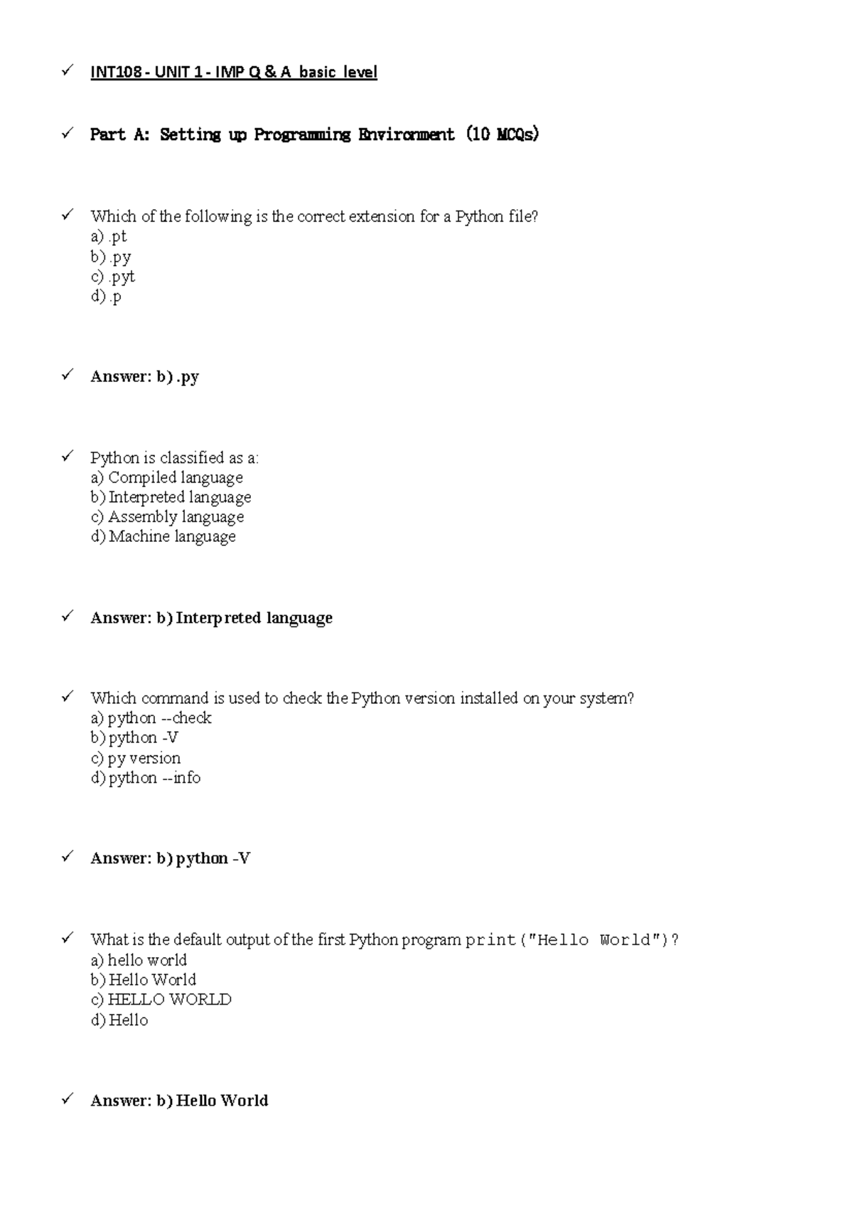INT108 UNIT 1 IMP Q&A - Basic Level Python MCQs Practice - Studocu