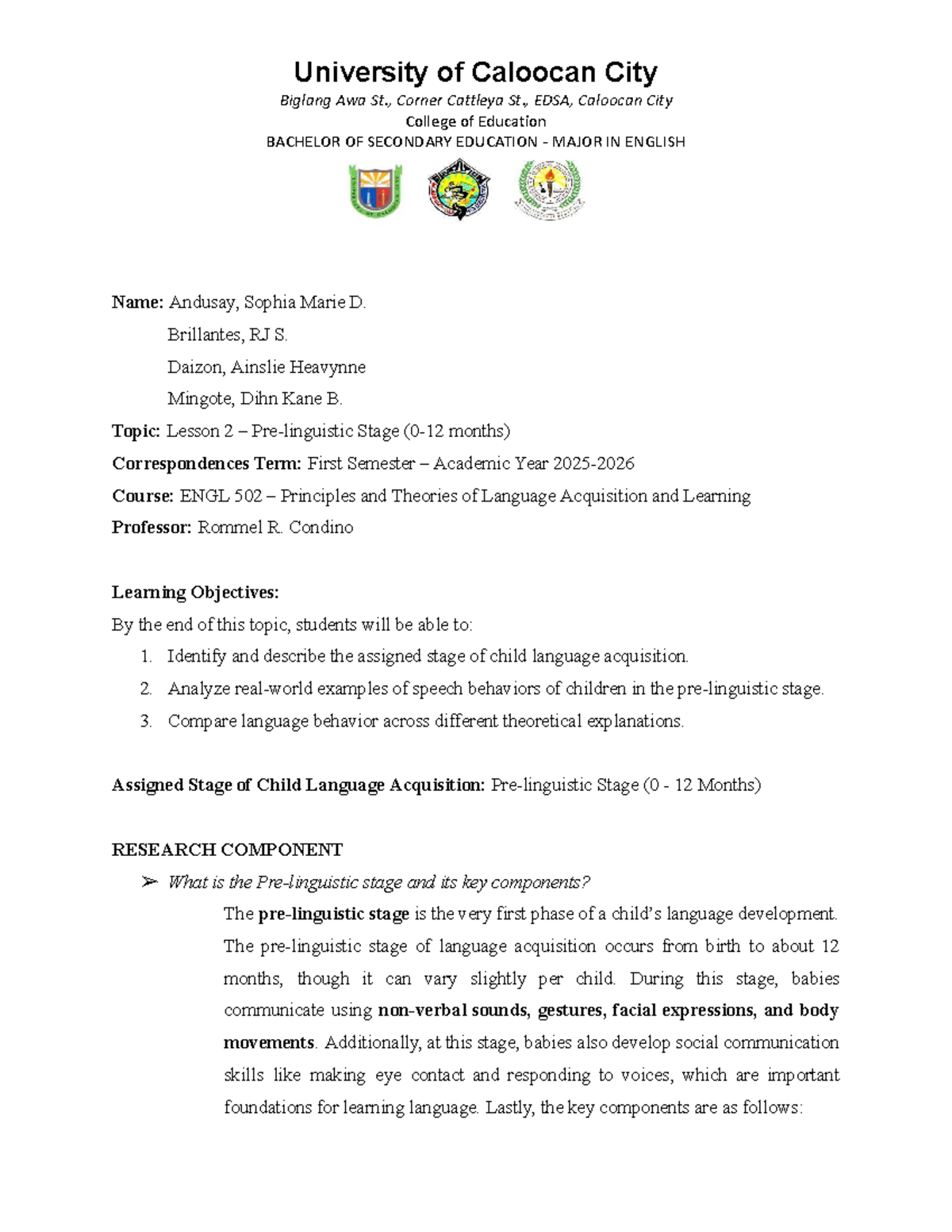 ENGL 502 Lesson 2: Child Language Acquisition (0-12 Months) Report ...