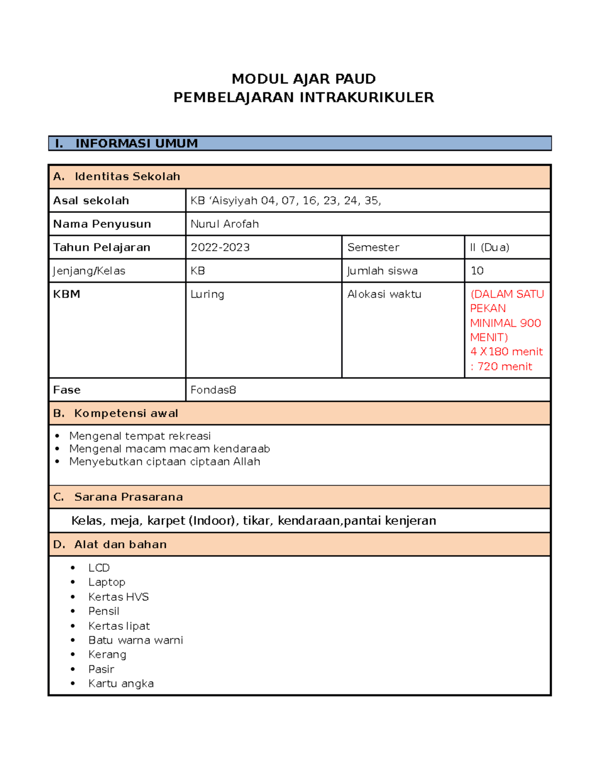 Modul Ajar PAUD TK A: Pembelajaran Intra-Kurikuler Semester II - Studocu