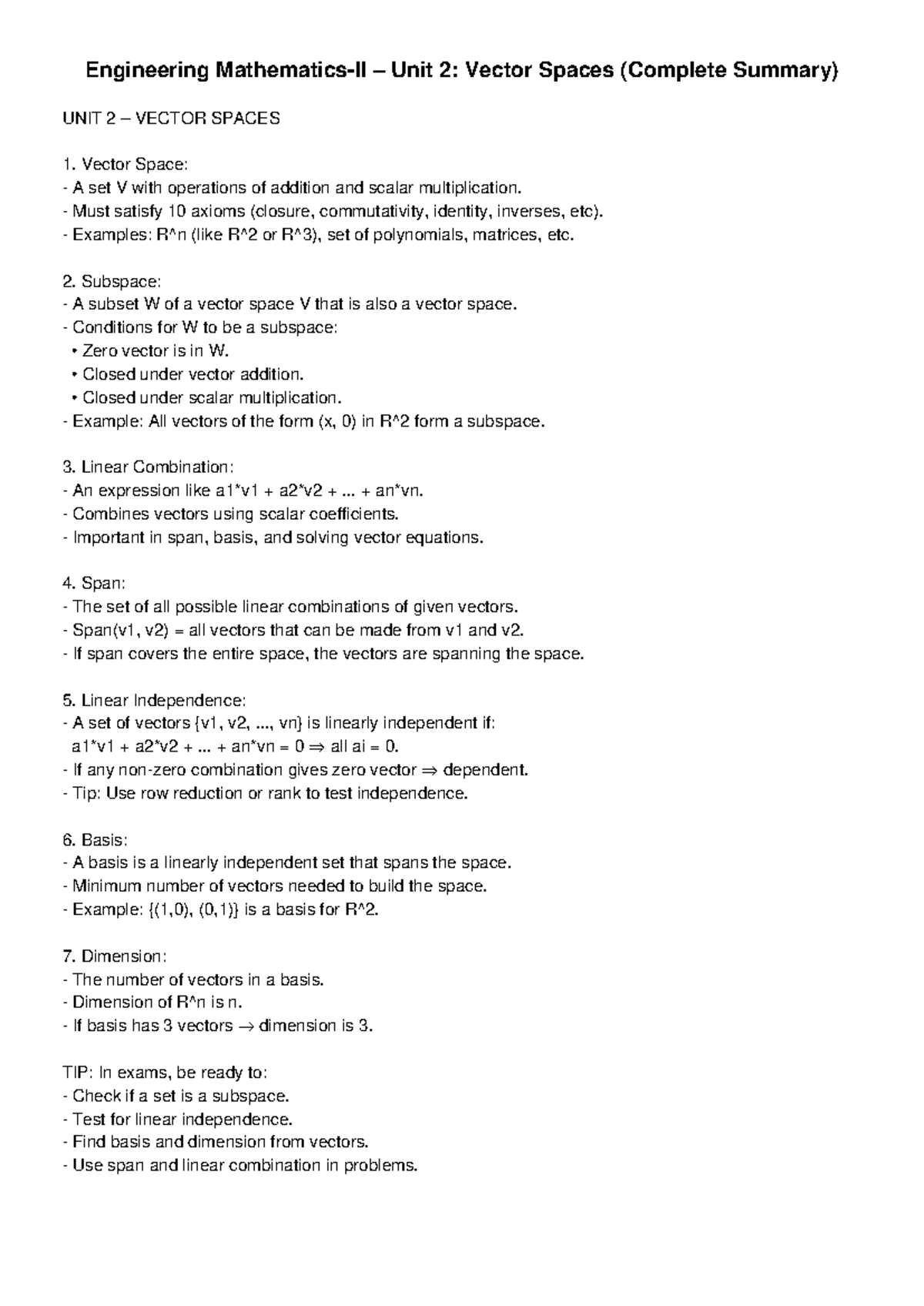 Engineering Unit 2: Vector Spaces - Complete Notes Summary - Studocu