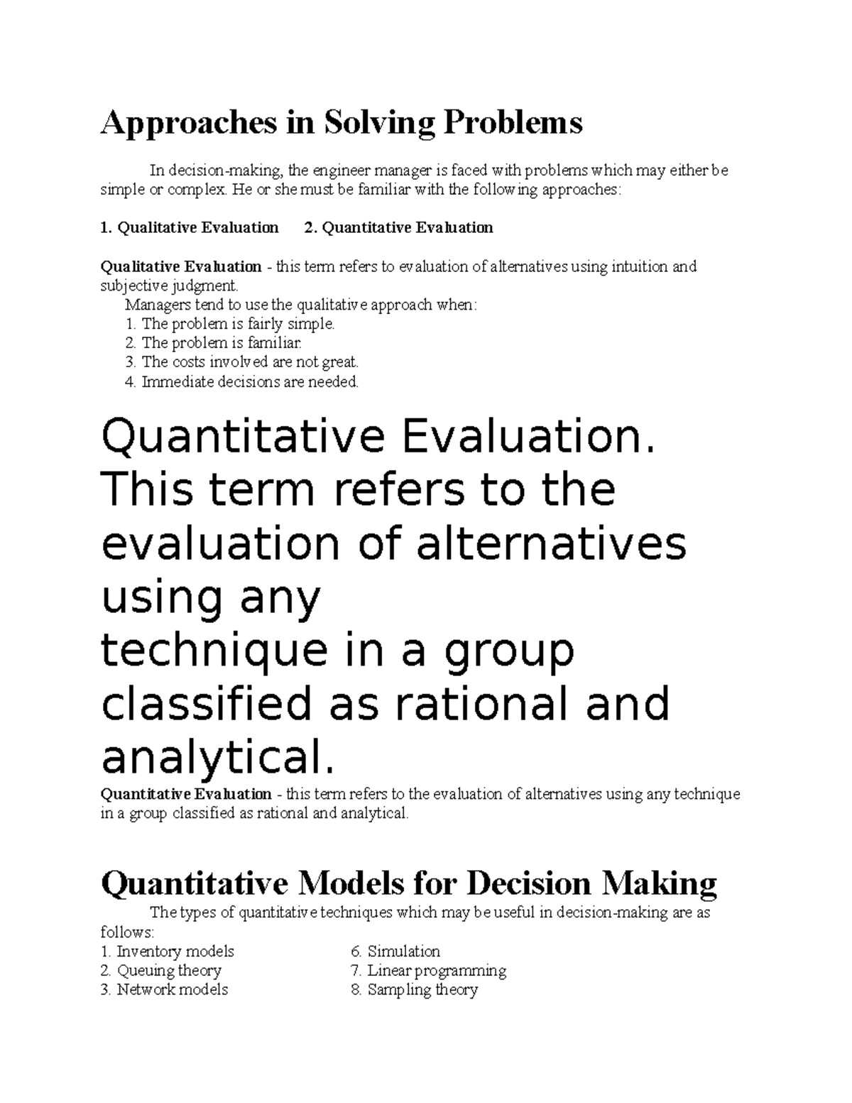 Decision Making Approaches: Qualitative & Quantitative Techniques - Studocu