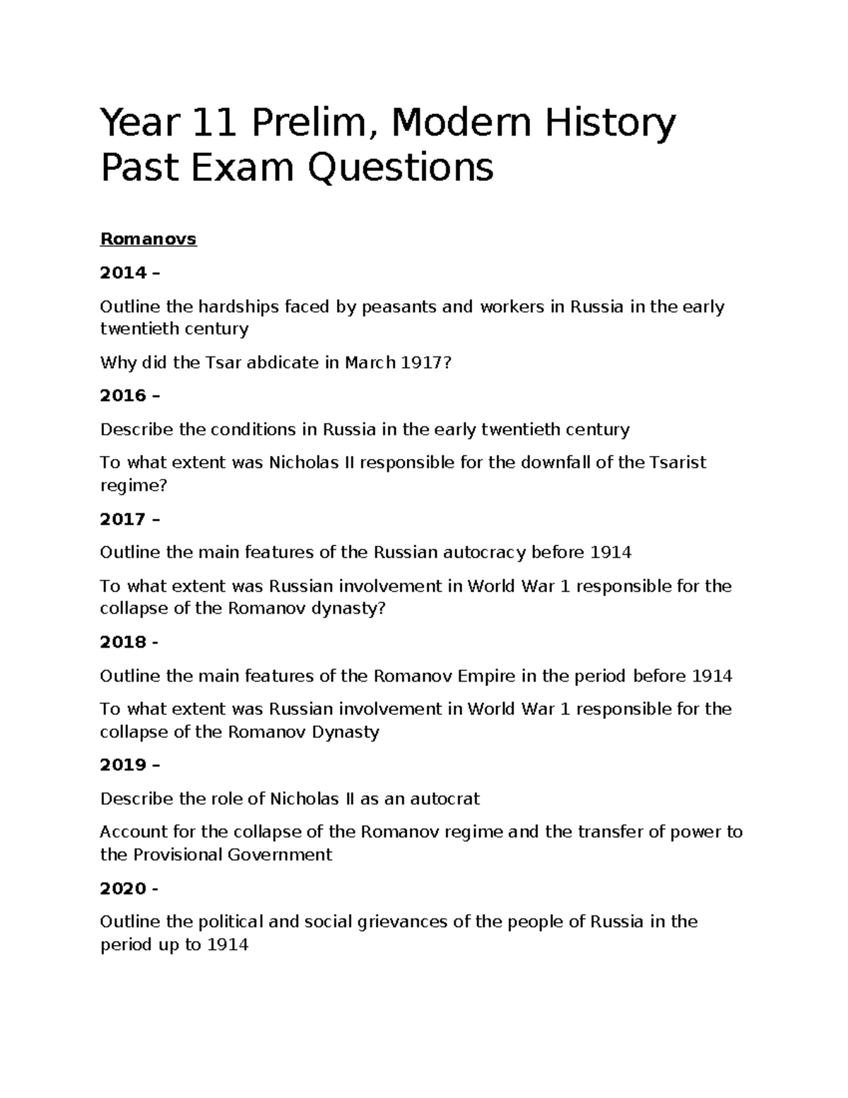 Year 11 Prelim Modern History: Past Exam Questions Overview - Studocu