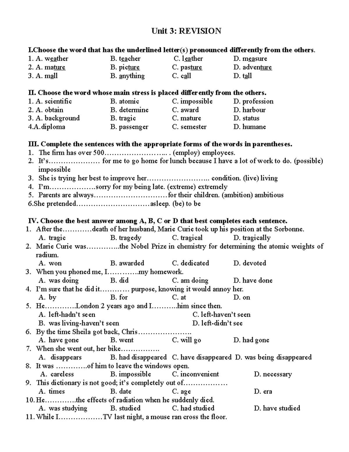 Unit 3: Revision Exercises for English Language Skills - Studocu