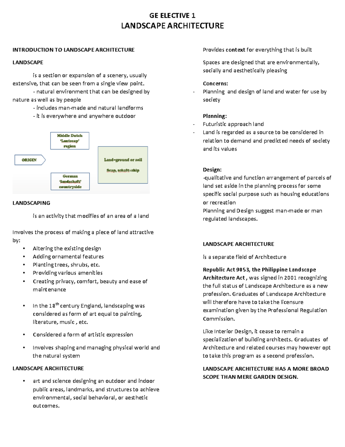 GE ELECTIVE 1 LANDSCAPE ARCHITECTURE: Intro to Design Principles and ...