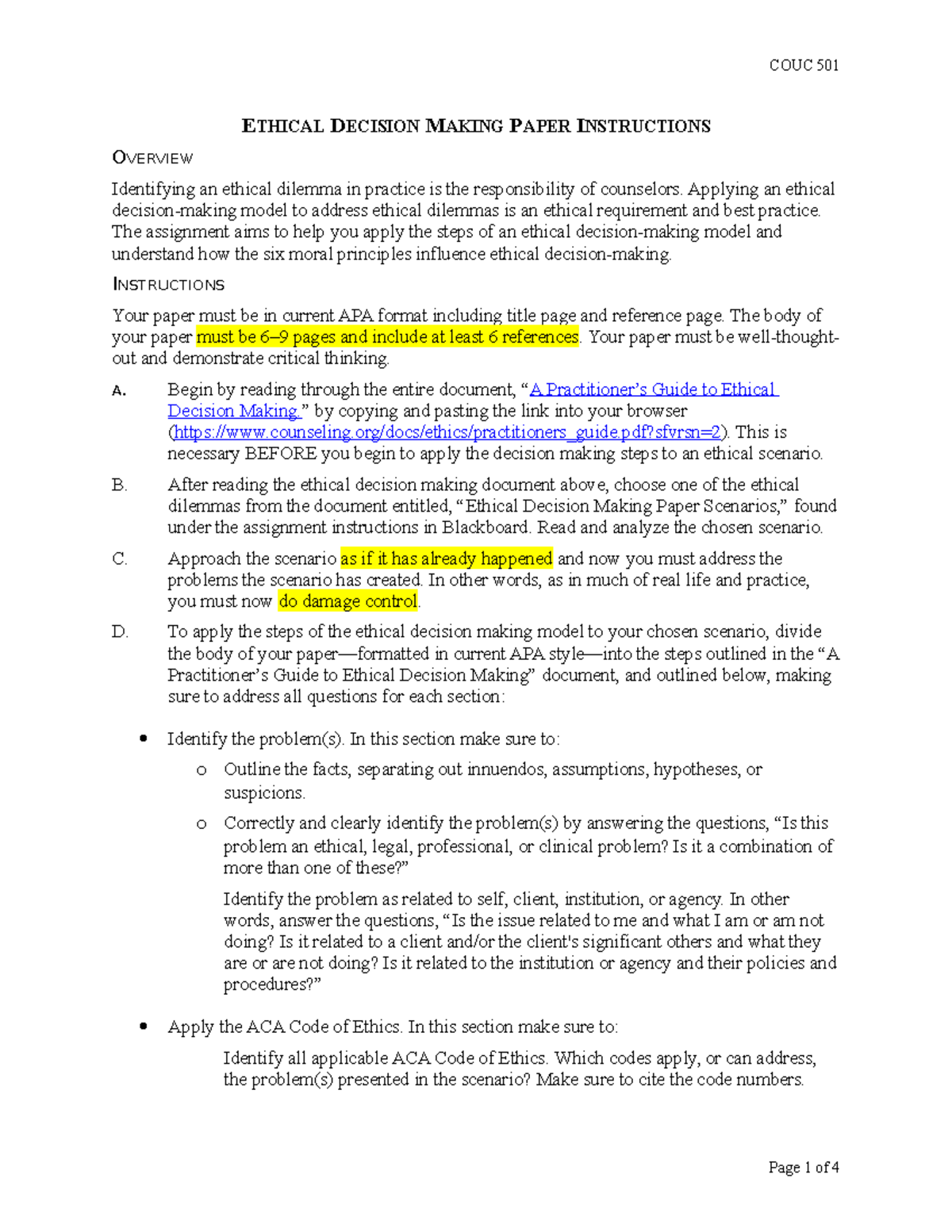 Ethical Decision Making Paper Instructions for Counseling Course - Studocu