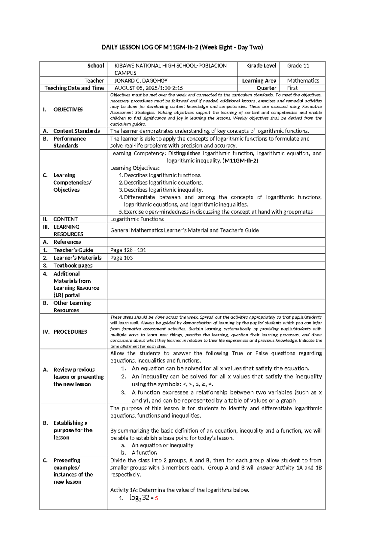Grade 11 Mathematics DLL: Logarithmic Functions Lesson Plan - Studocu