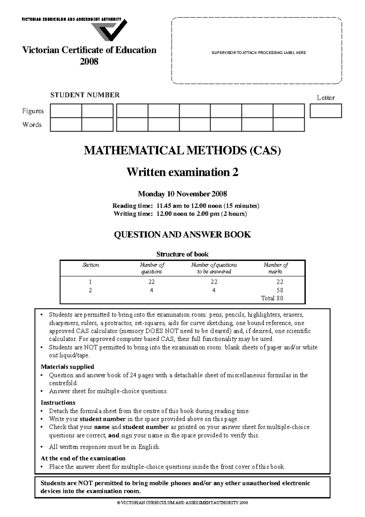 2008 VCAA Mathematical Methods Exam 2 - Pass Paper - Studocu