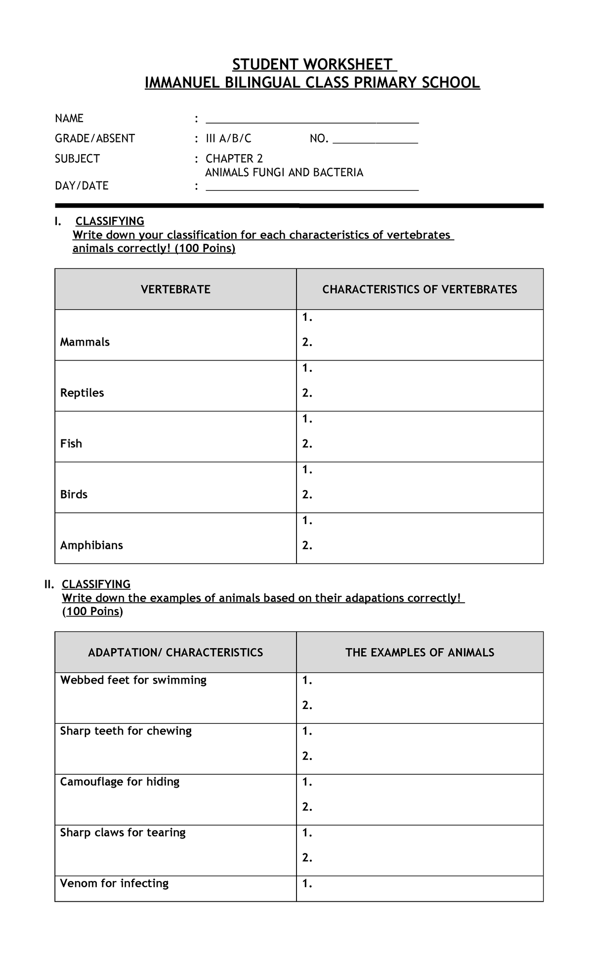 Grade 3 - Chapter 2 Worksheet: Animals, Fungi, and Bacteria ...