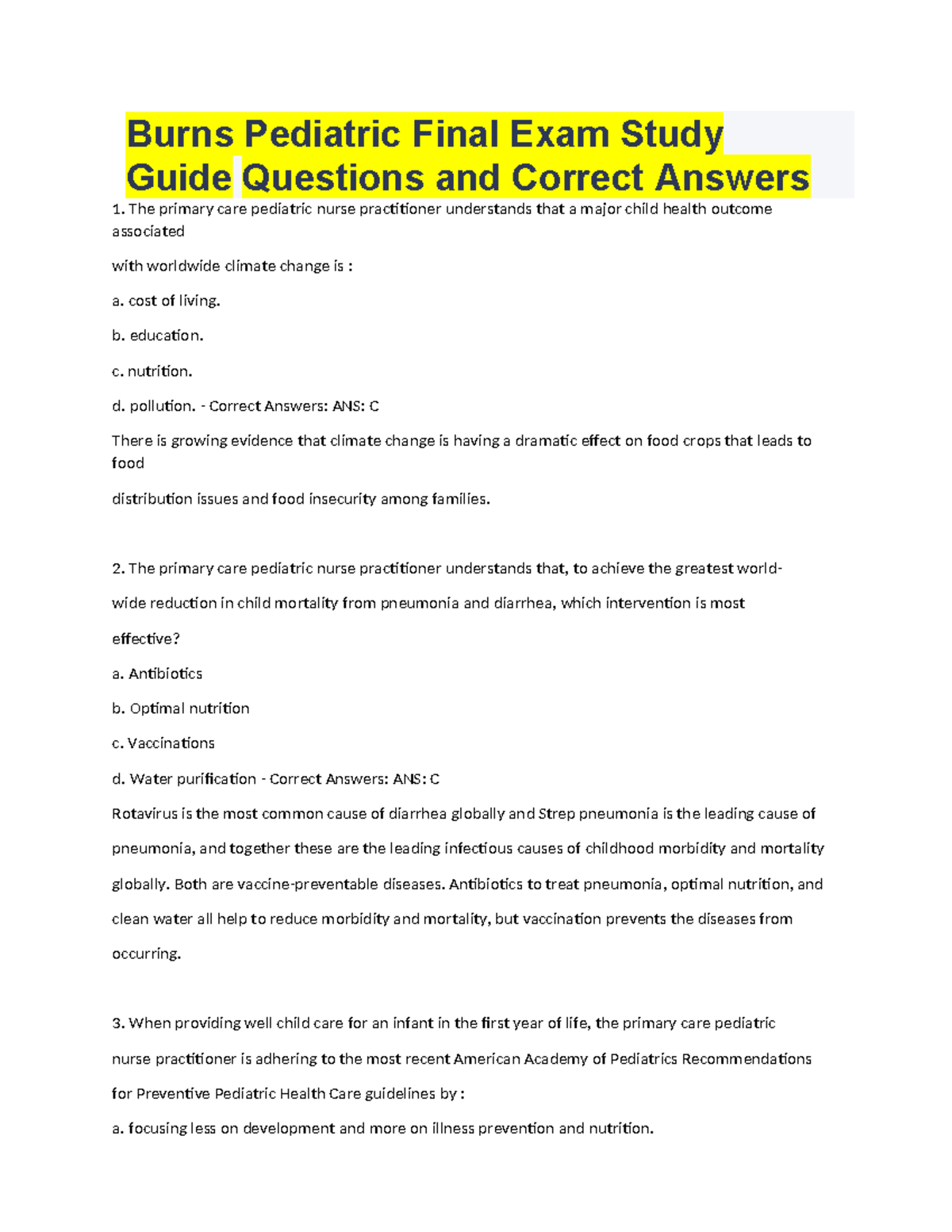 Burns Pediatric Final Exam Study Guide: Key Questions & Answers - Studocu