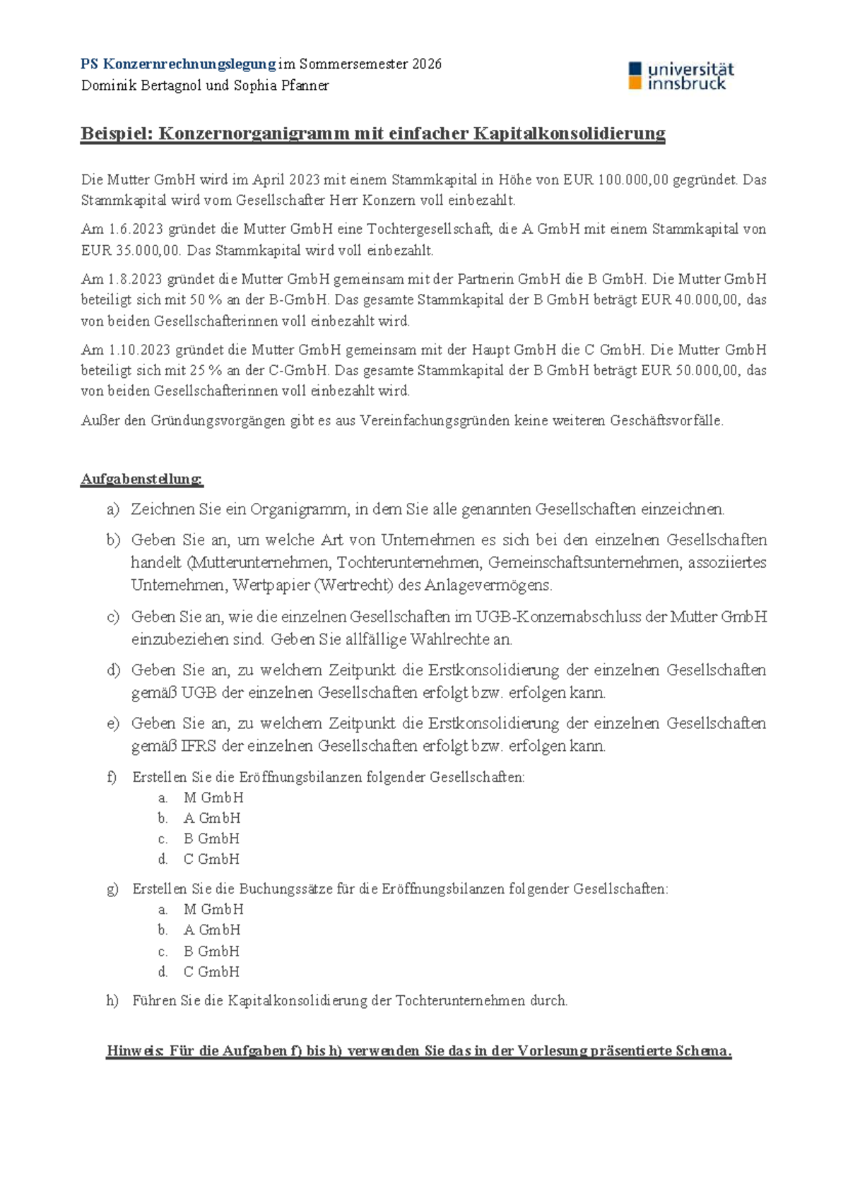 PS Konzernrechnungslegung SS 2026 - Aufgaben und Beispiele - Studocu