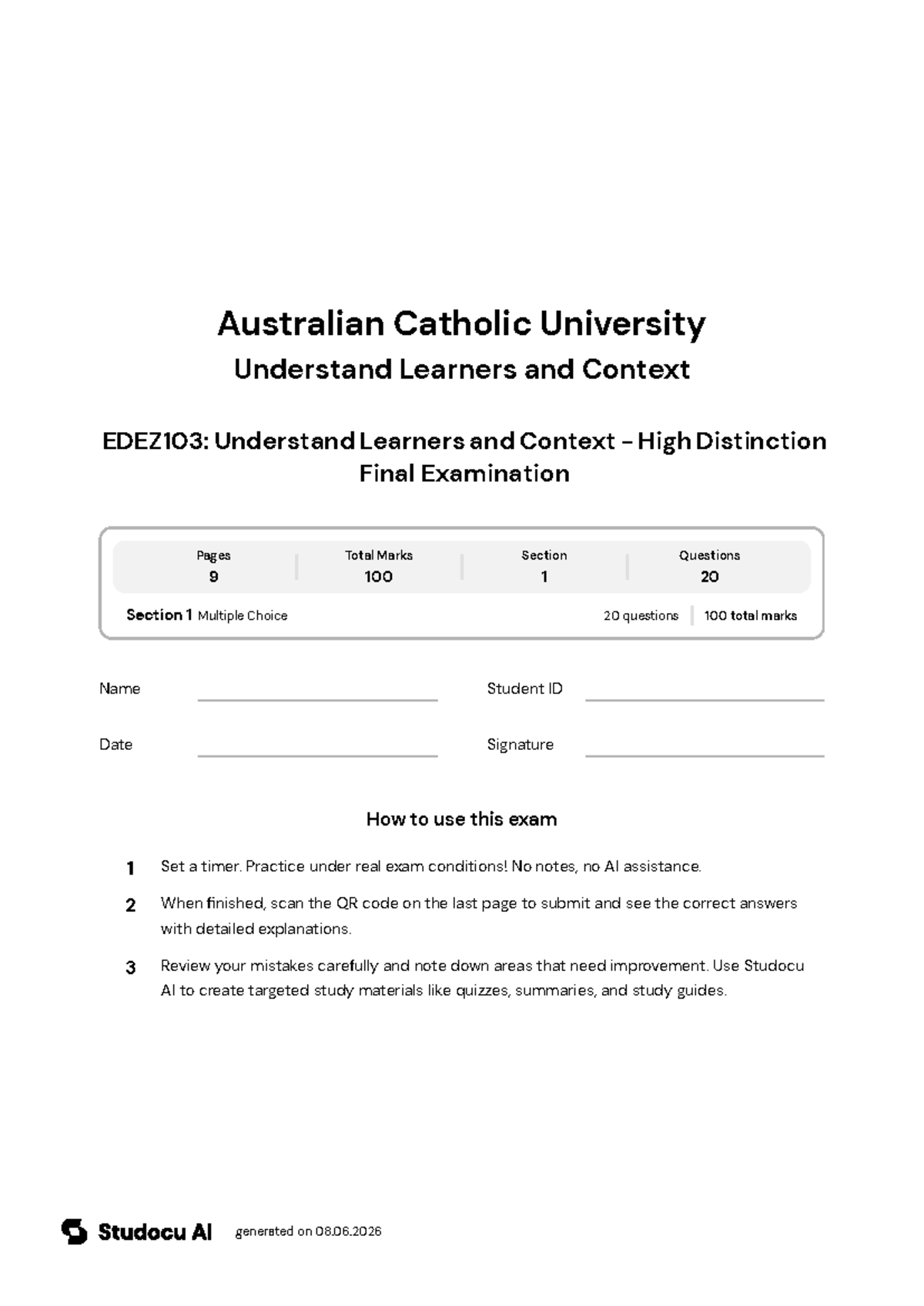 EDEZ103: High Distinction Final Exam on Learners and Context - Studocu