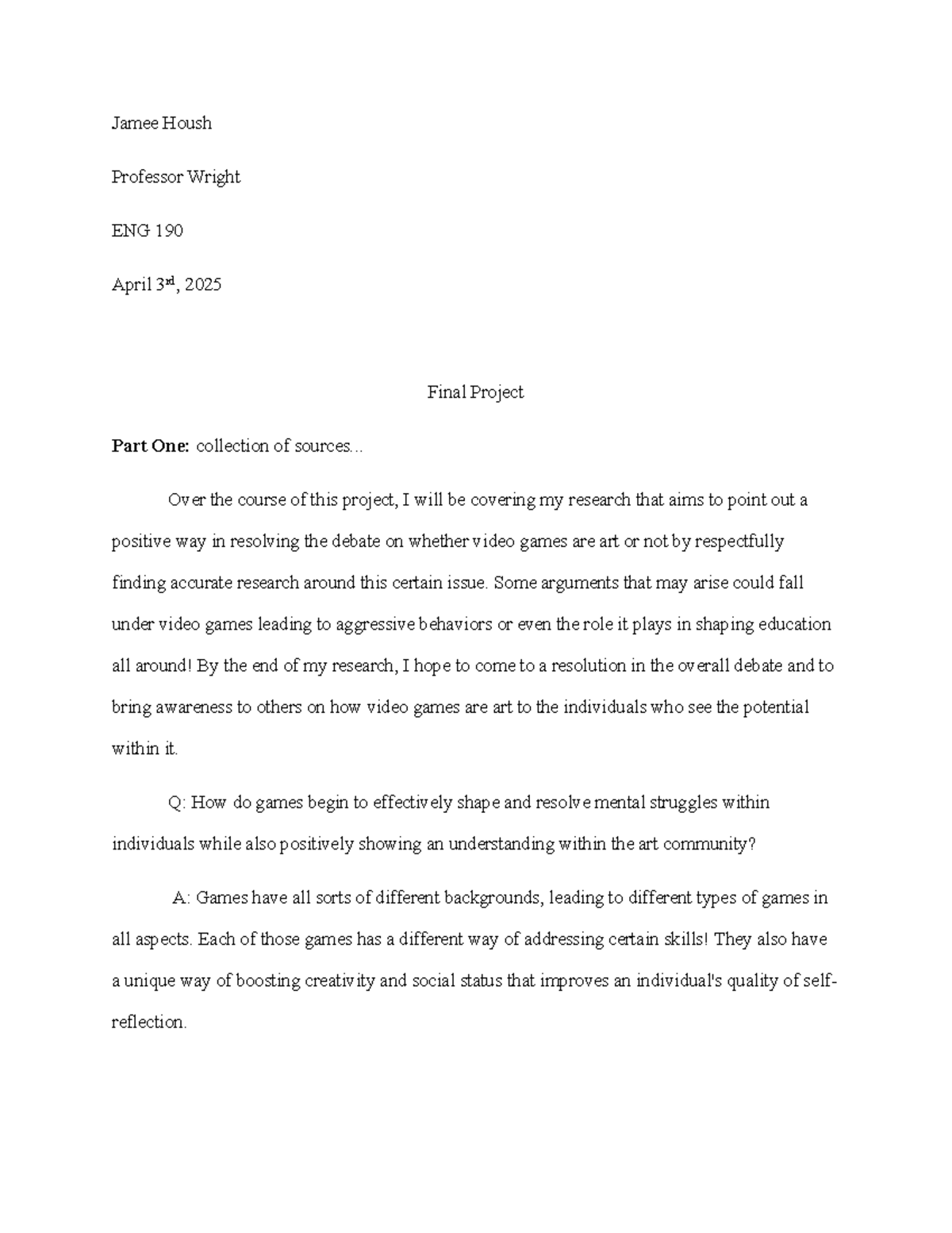 ENG 190 Final Project Part One: Exploring Video Games as Art - Studocu