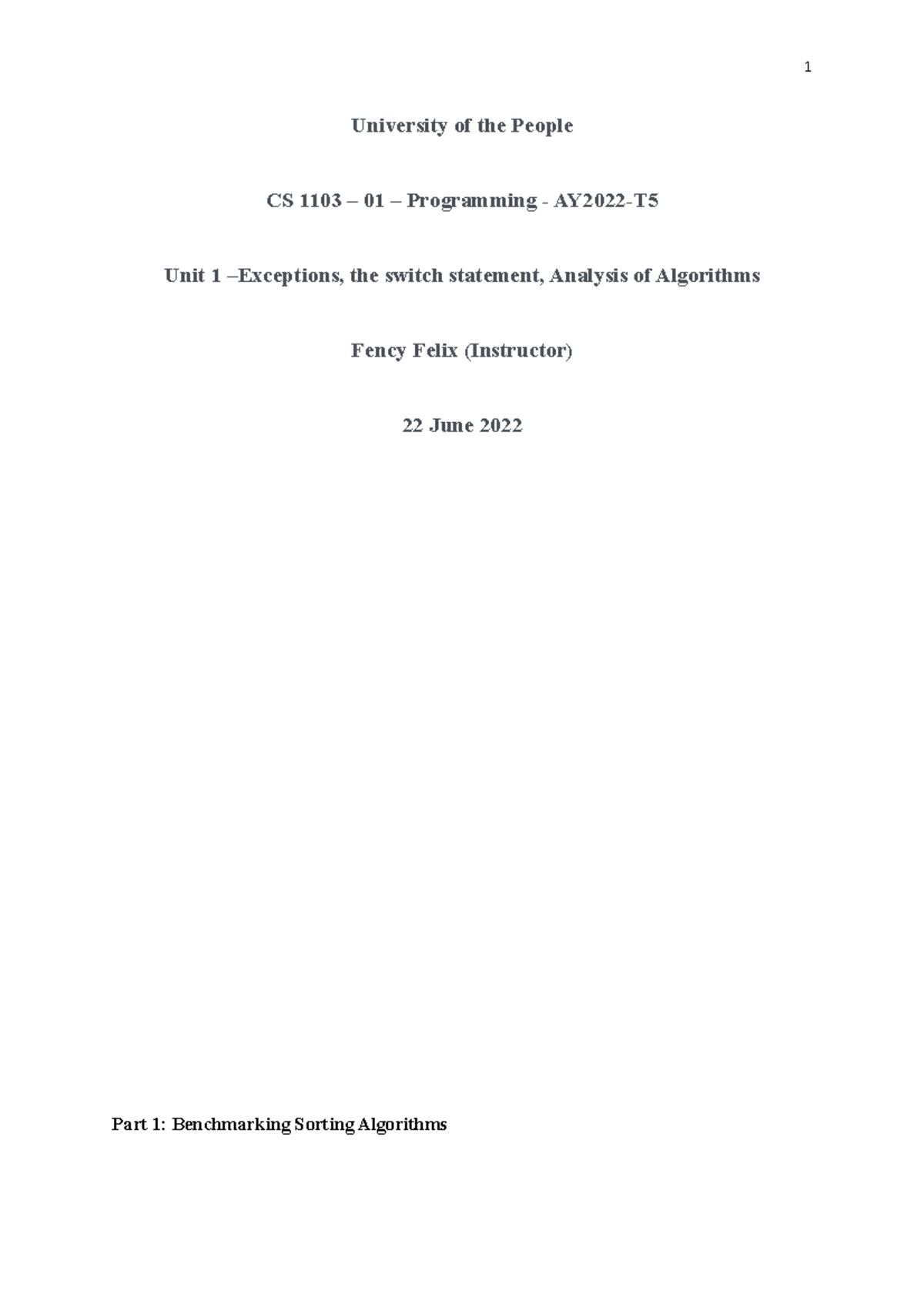 Programming Assignment Unit 1 Answers - University of the People CS 1103 – 01 – Programming ...