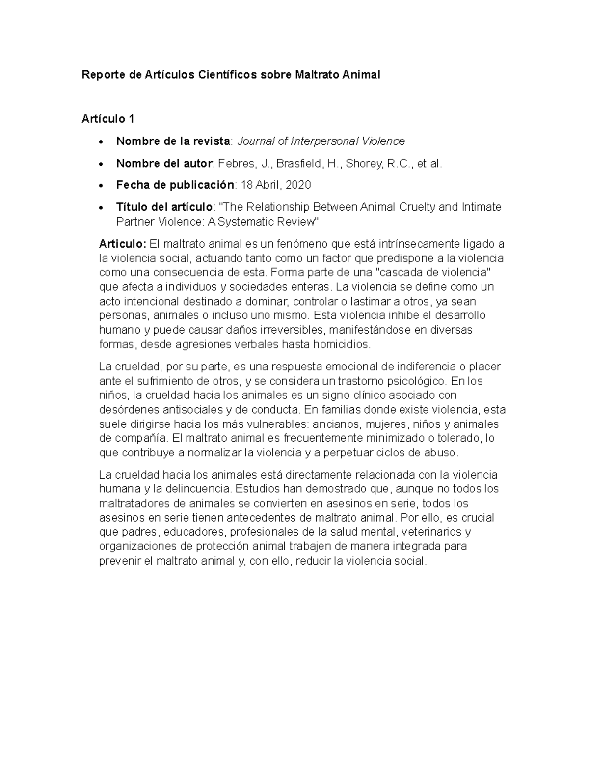 Reporte de Artículos Científicos sobre Maltrato Animal: Análisis 2020 ...