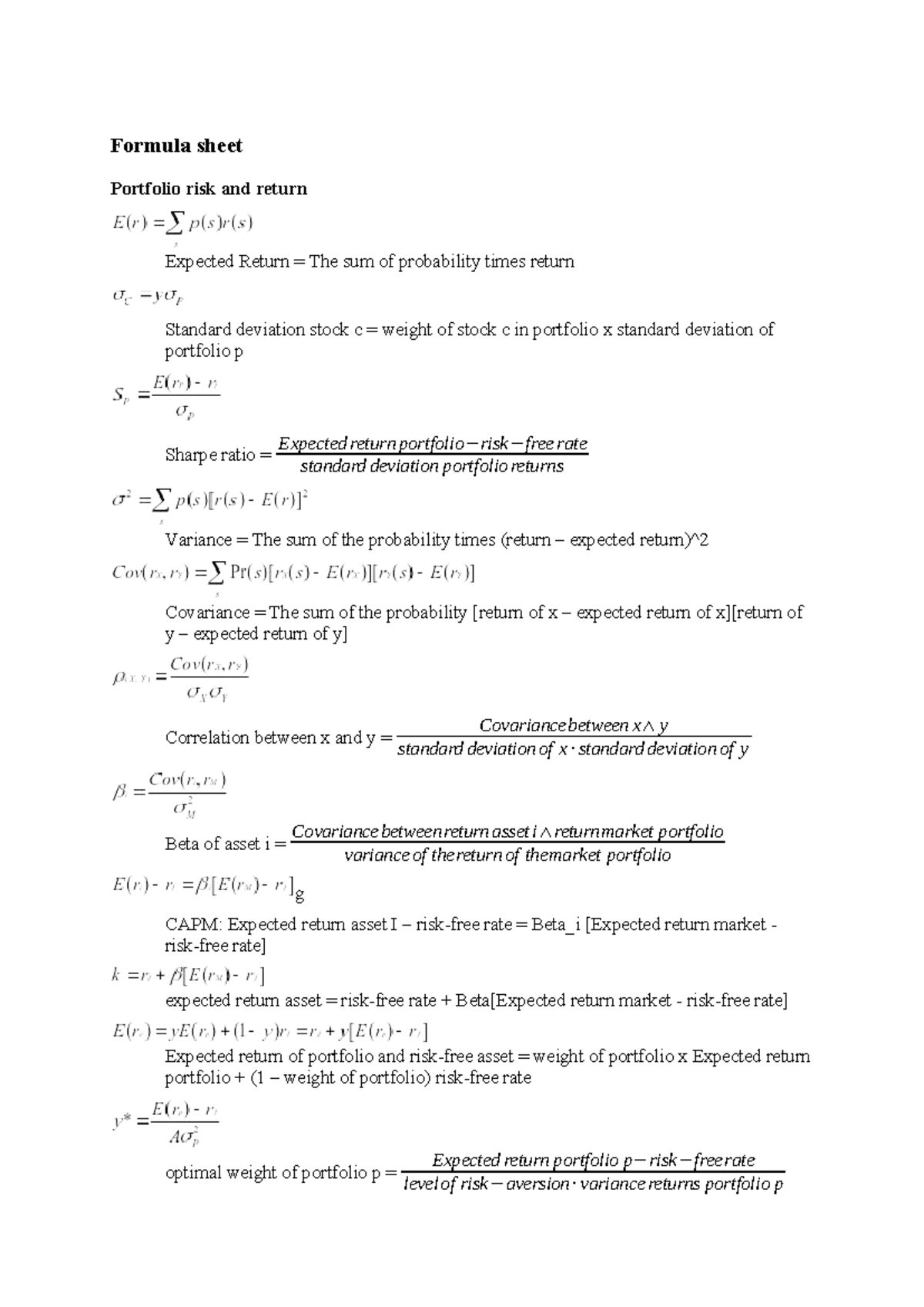 Portfolio Risk and Return Formula Sheet: Key Concepts and Metrics - Studocu