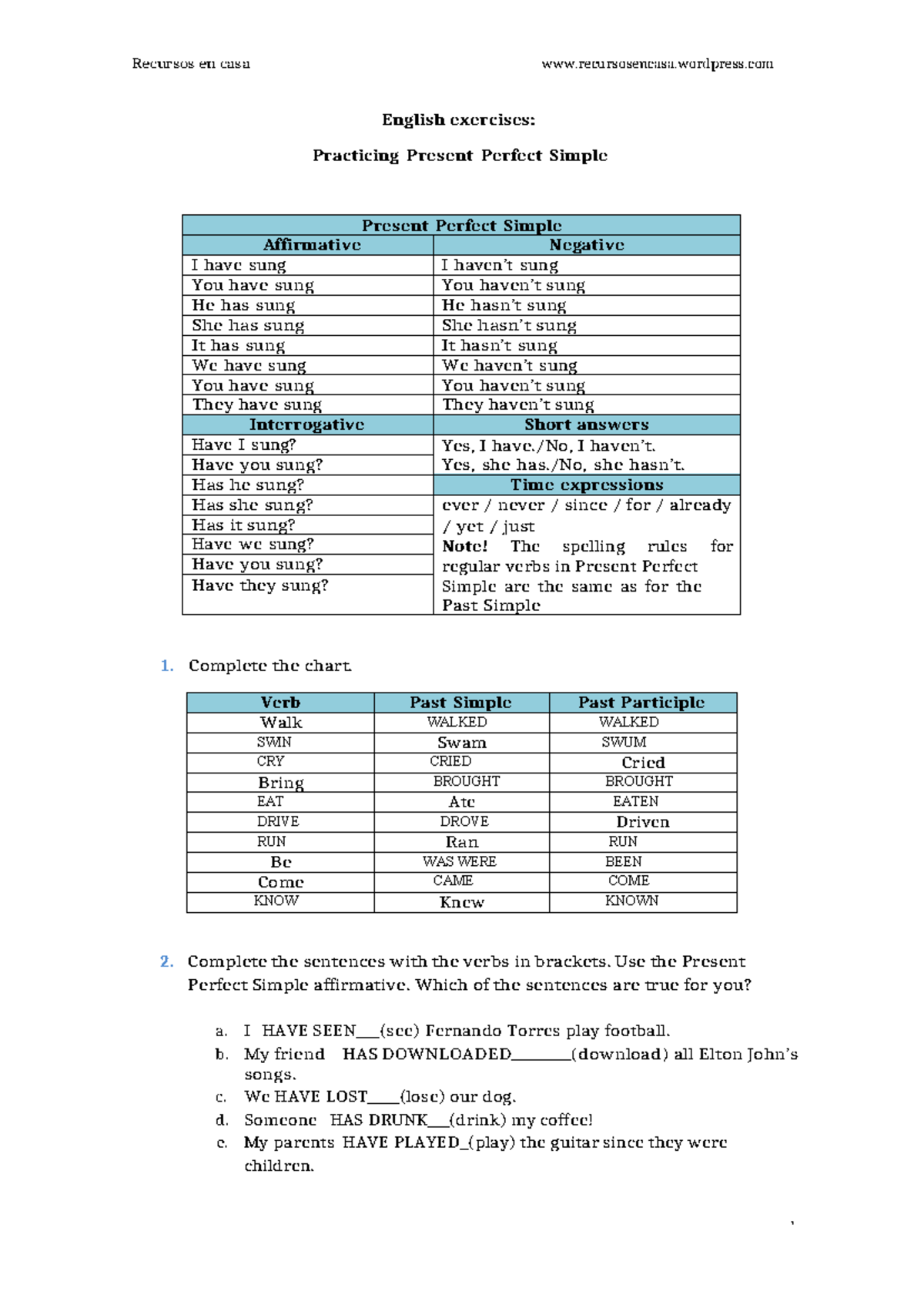Present Perfect Simple Exercises for Spanish Learners (Deber) - Studocu