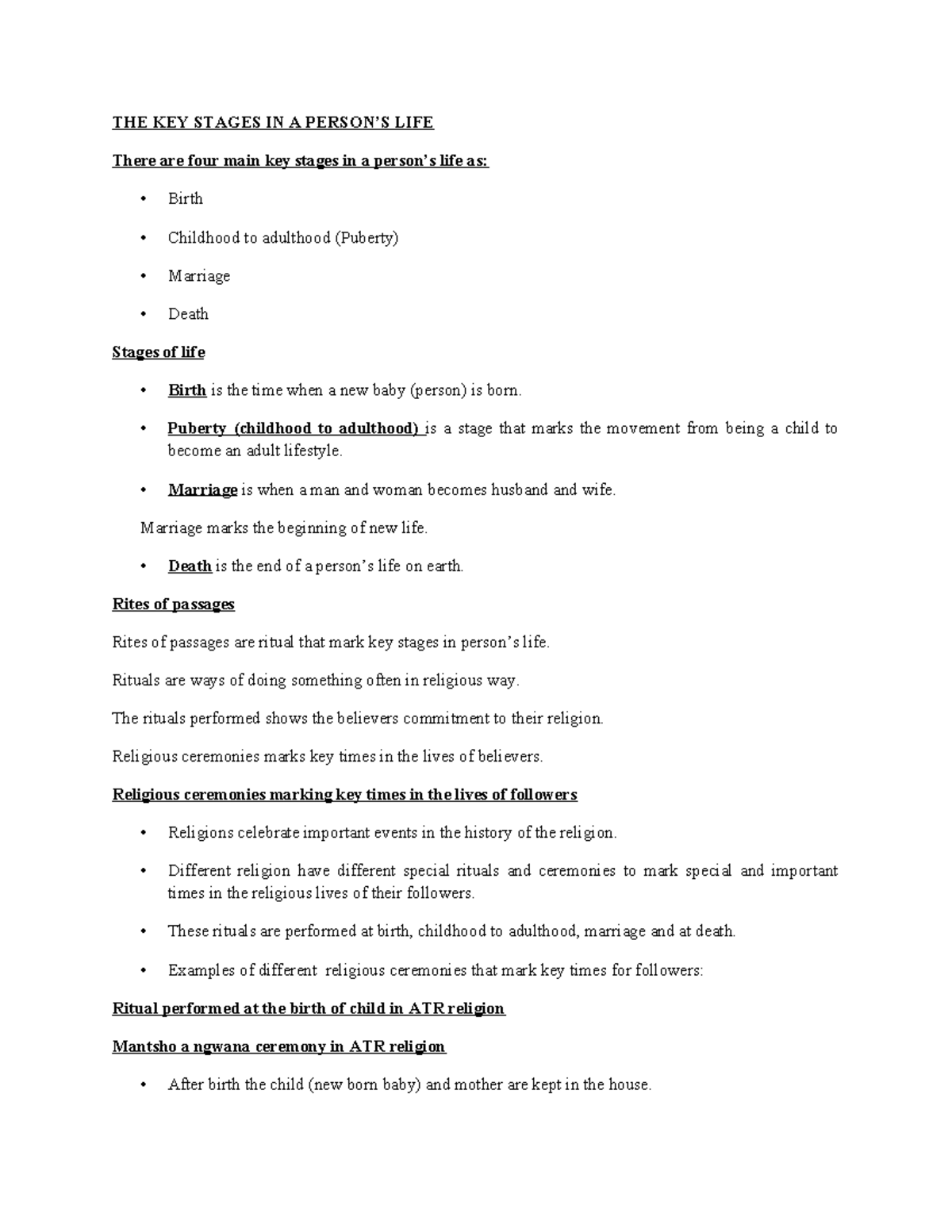 Rites of Passage: Key Stages in Life - RME Notes Std 7 2020 - Studocu