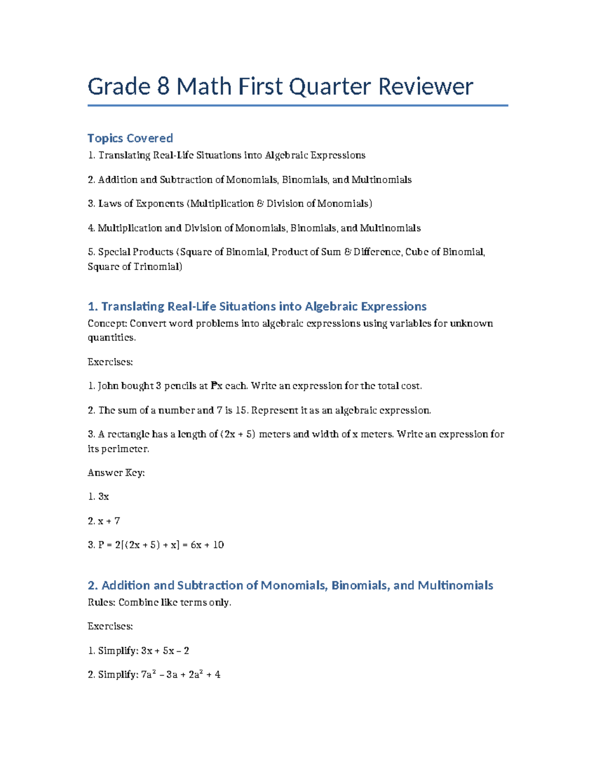 Grade 8 Math Q1 Reviewer: Algebraic Expressions & Operations - Studocu