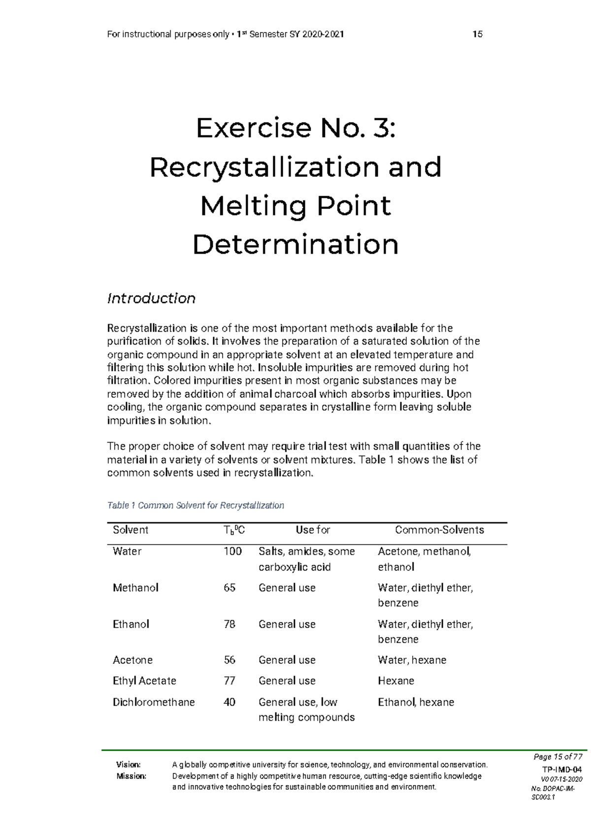 CHEM 120.1: Recrystallization & Melting Point Determination Lab - Studocu