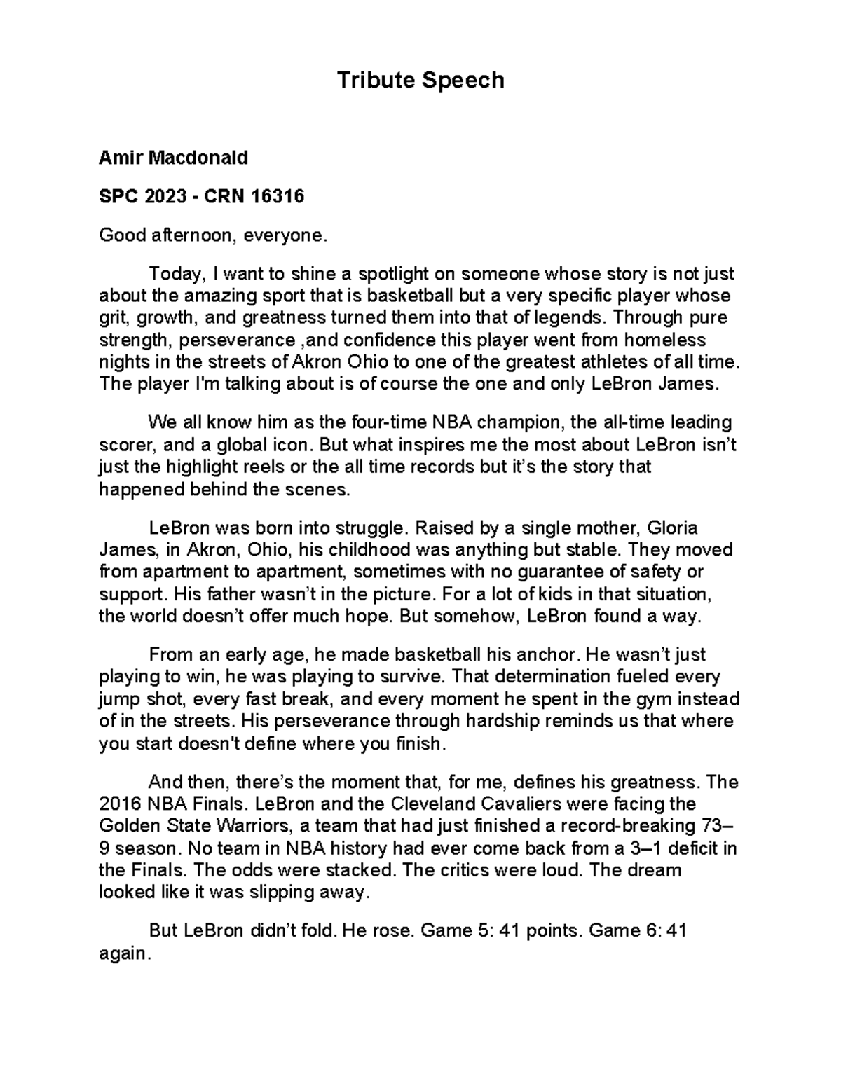 Tribute Speech: LeBron James - SPC 2023 CRN 16316 - Studocu