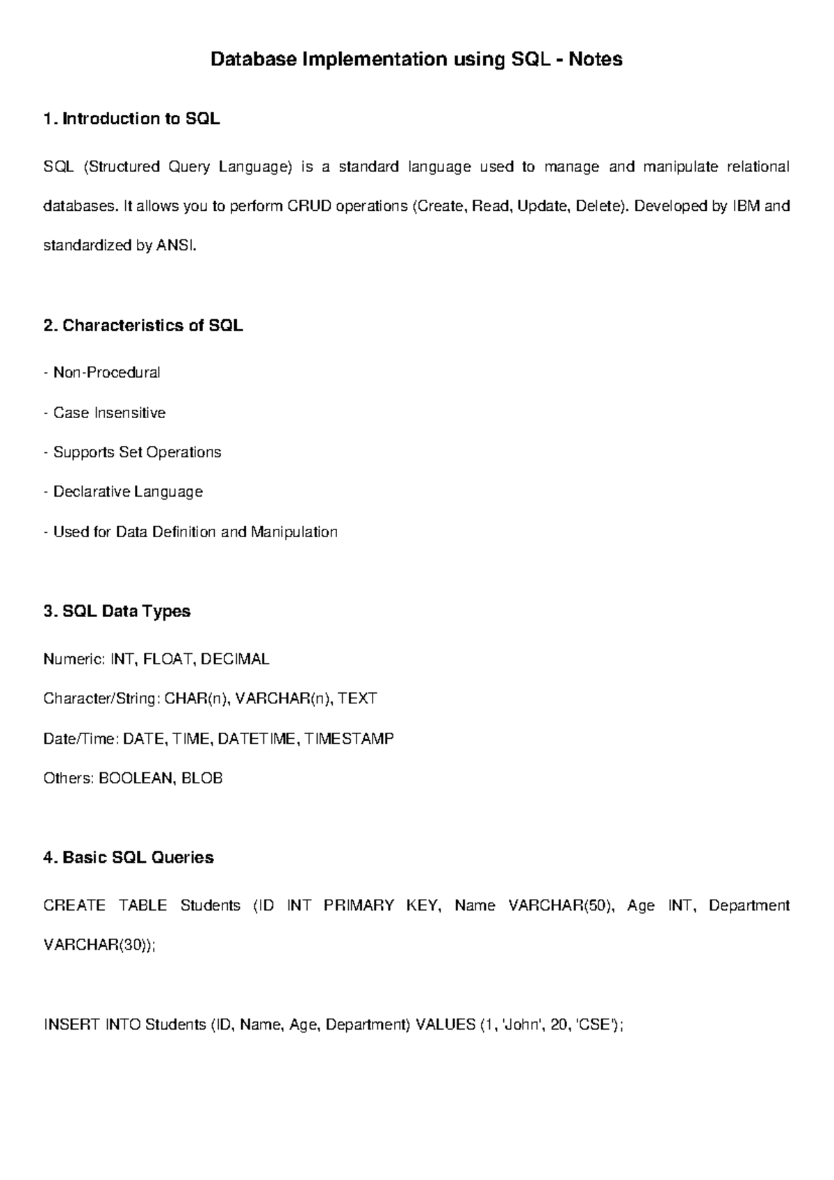 Database Implementation (CS101) - SQL Notes and Basics - Studocu