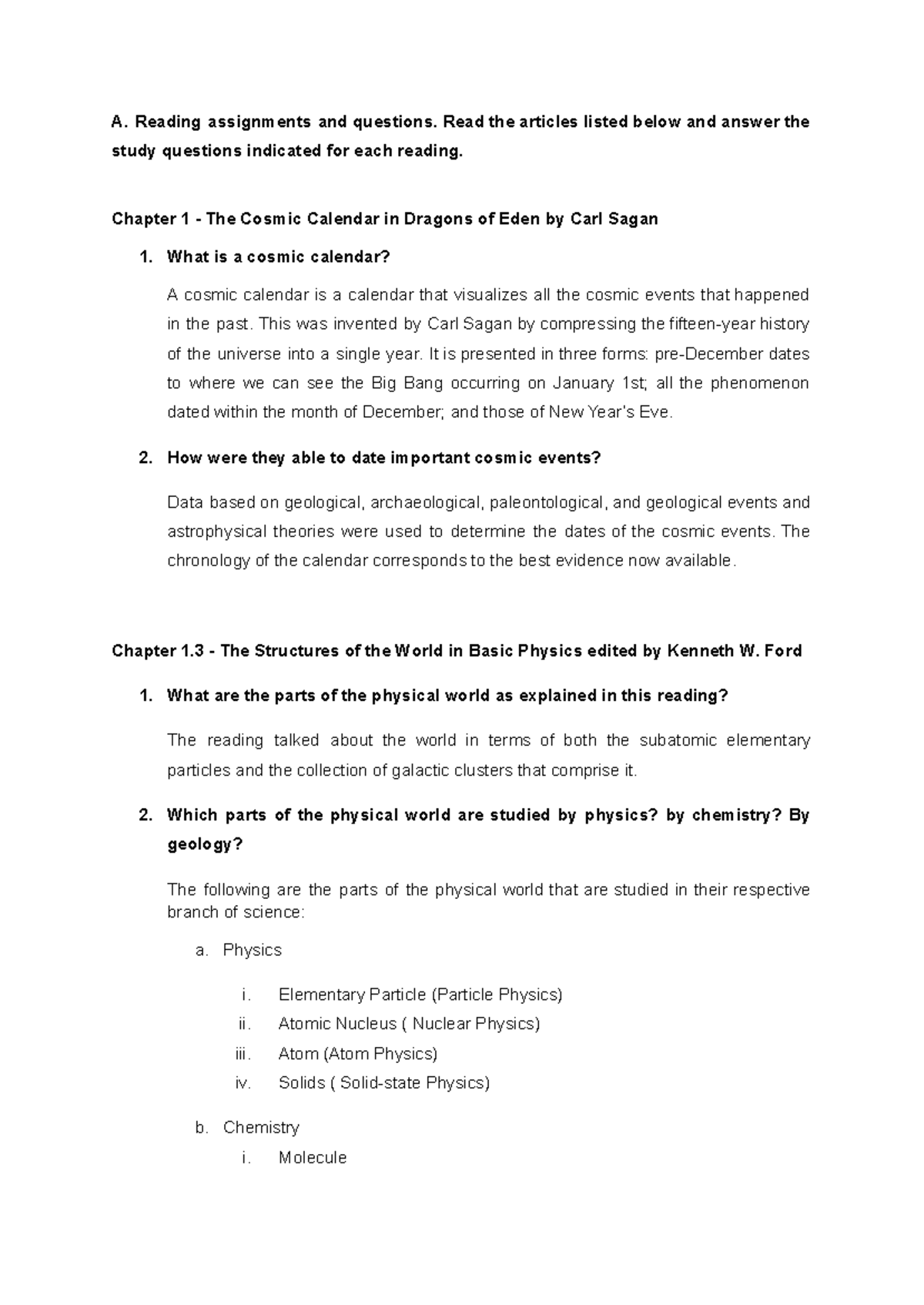 Basic Physics - A. Reading assignments and questions. Read the articles ...