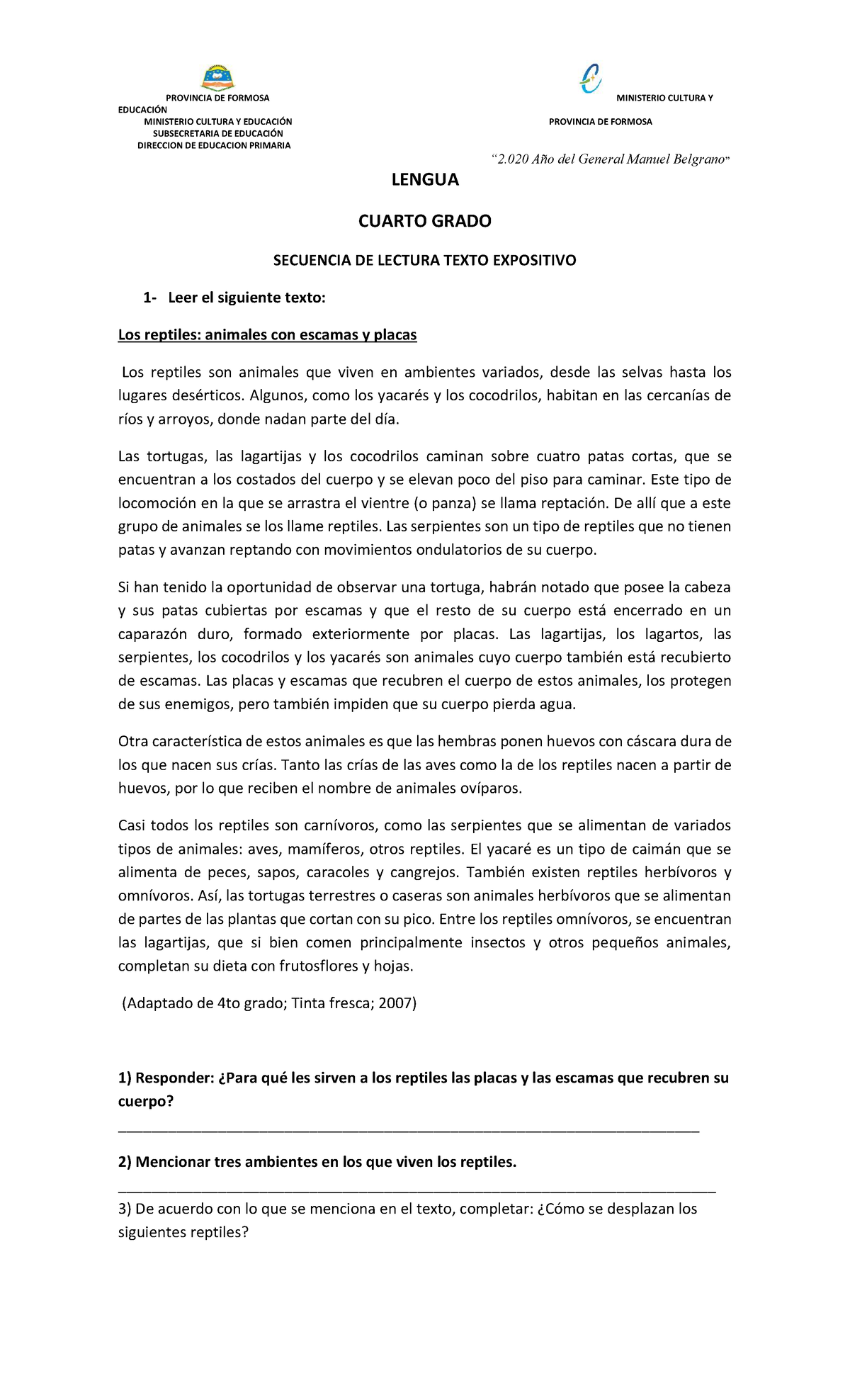 Secuencia de Lectura: Los Reptiles - Texto Expositivo 4TO Grado - Studocu