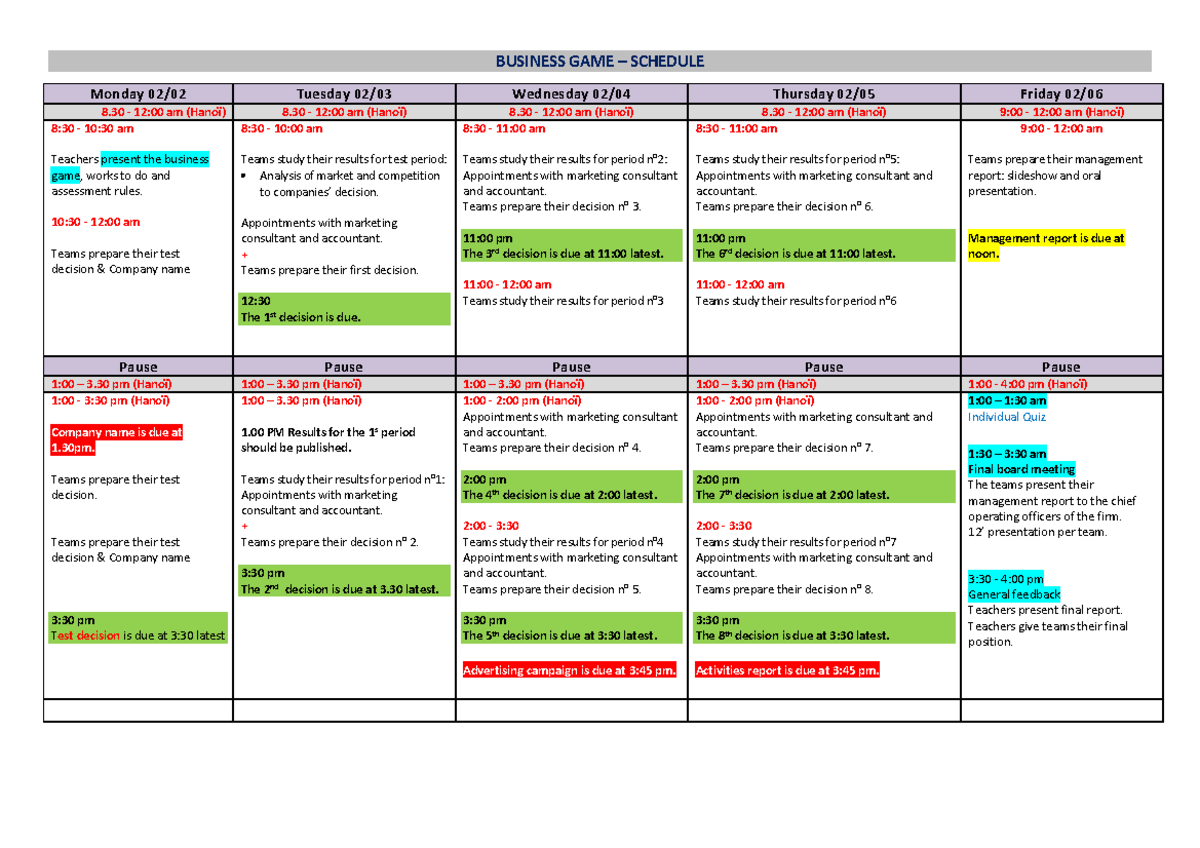 2026 BUS 101 Business Game Week Schedule - Studocu