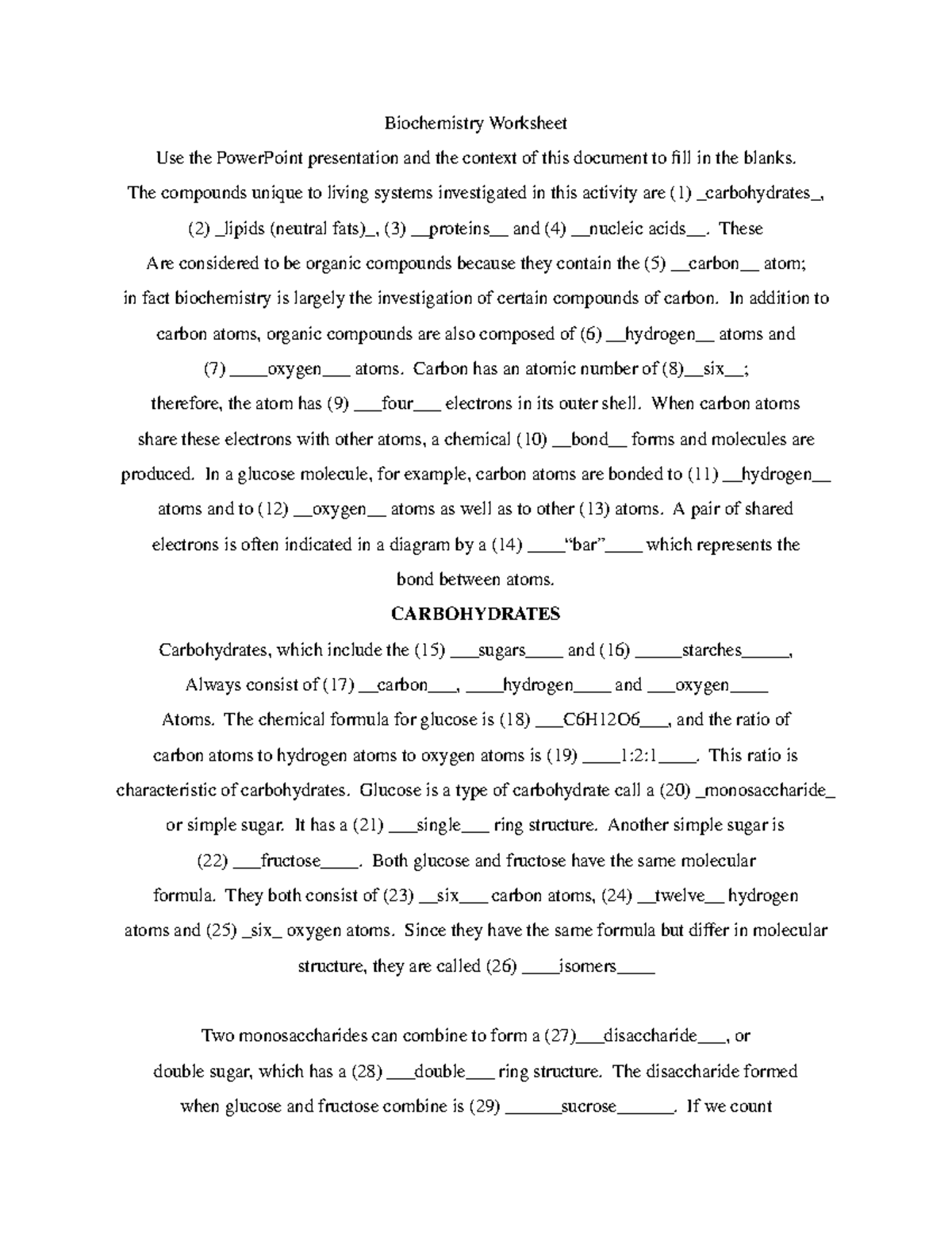 Biochemistry (BIO 101): Comprehensive Worksheet on Organic Compounds ...