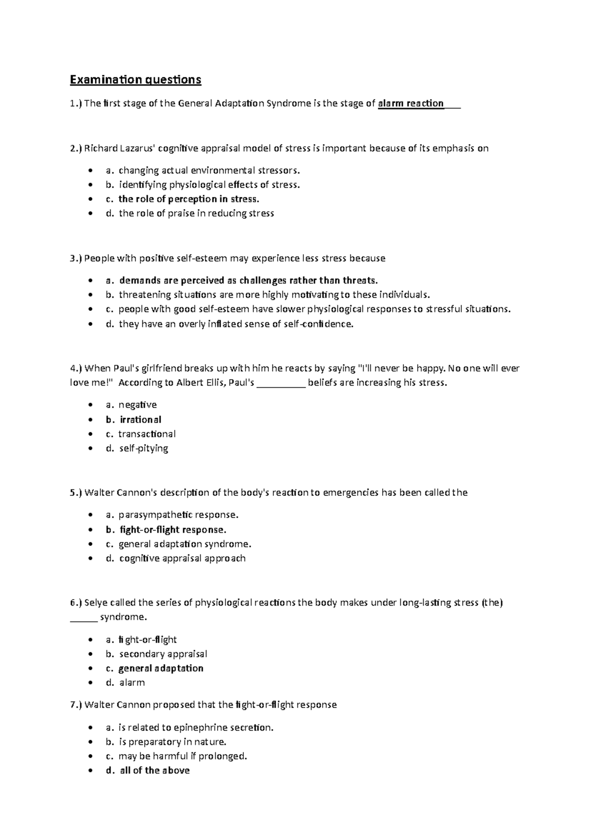 Psychology 101: Exam Questions on Stress and Coping Mechanisms - Studocu