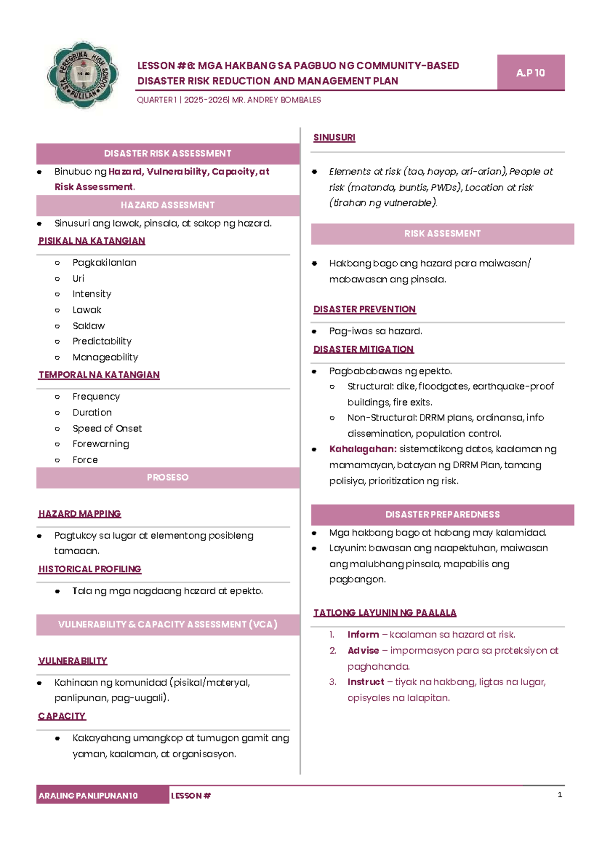 Q1 - L6 - AP 10 - Disaster Risk Reduction & Management Plan - Studocu