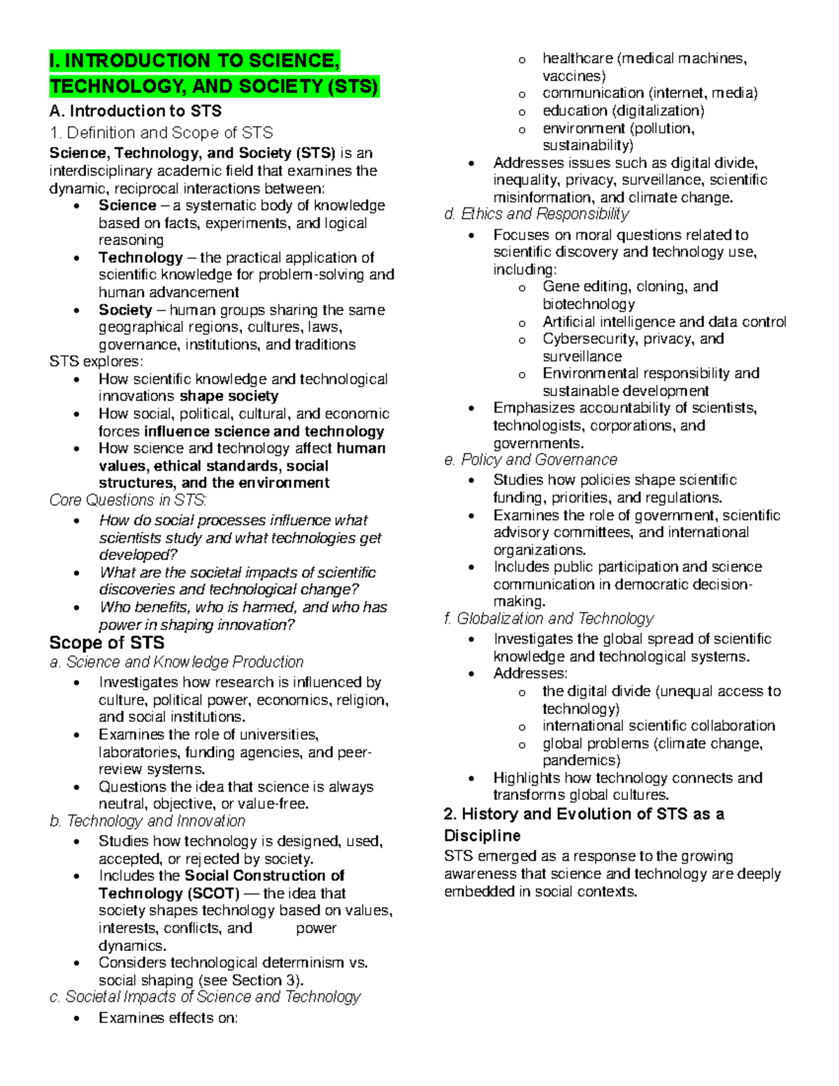 STS 101: Introduction to Science, Technology, and Society Overview ...